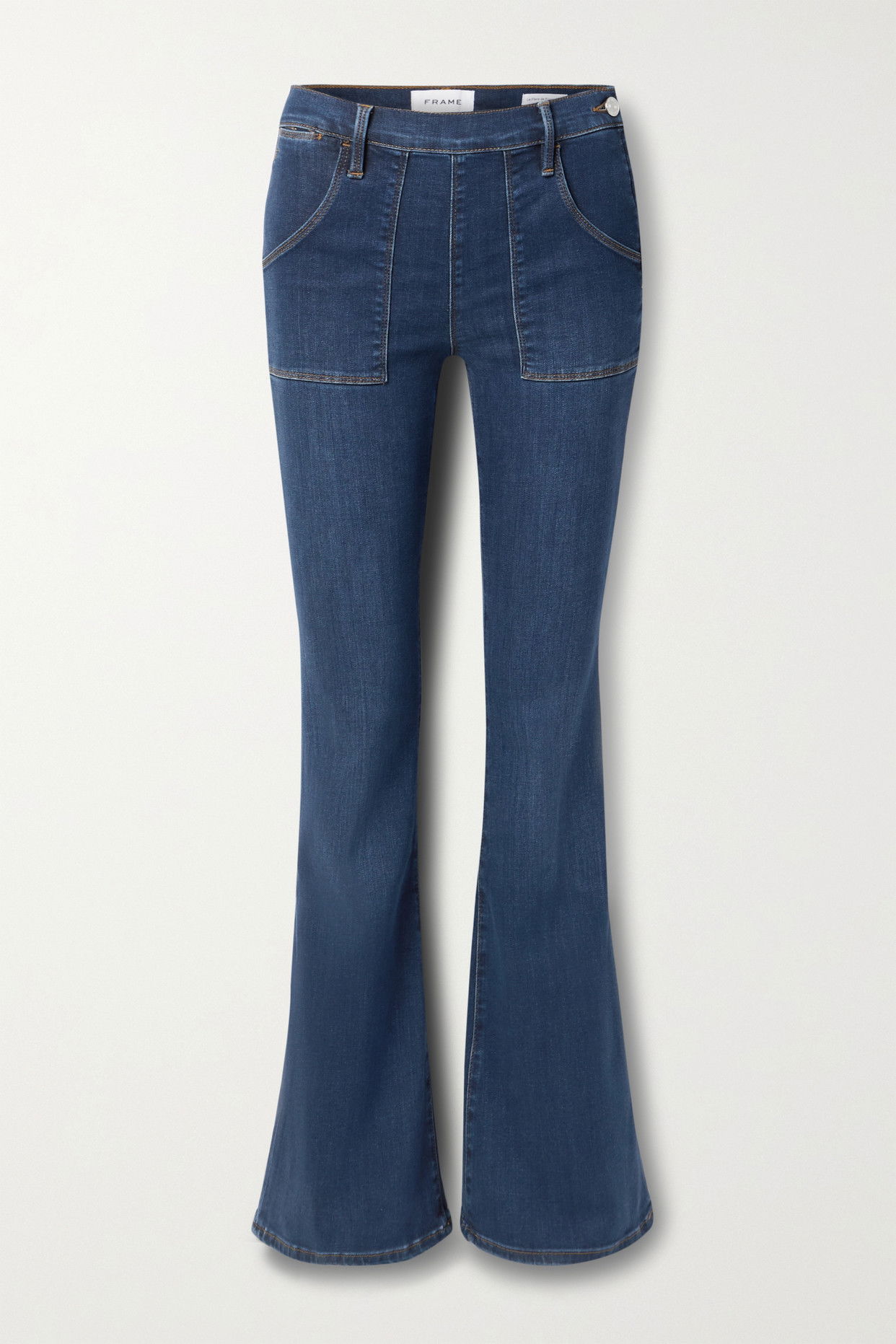 FRAME Le Flare De Francoise Mid-Rise Flared Jeans in Blue | endource