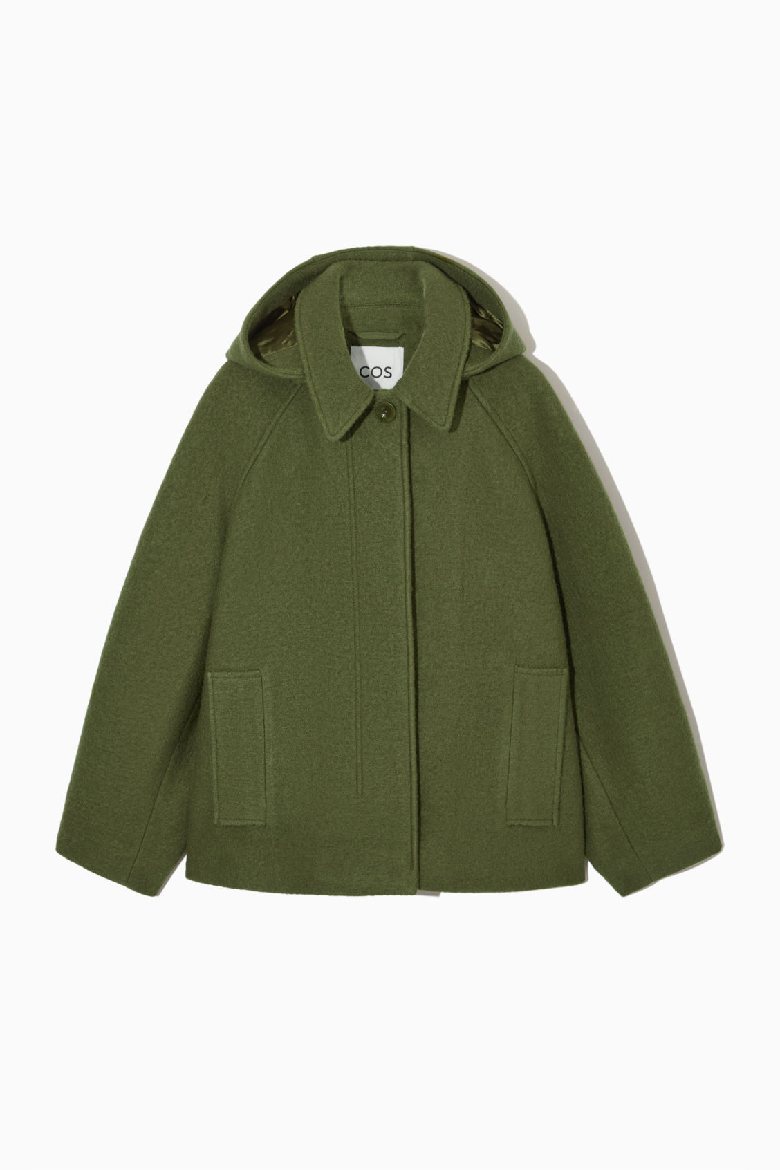 COS Hooded Boiled-Wool Coat in DARK GREEN | endource