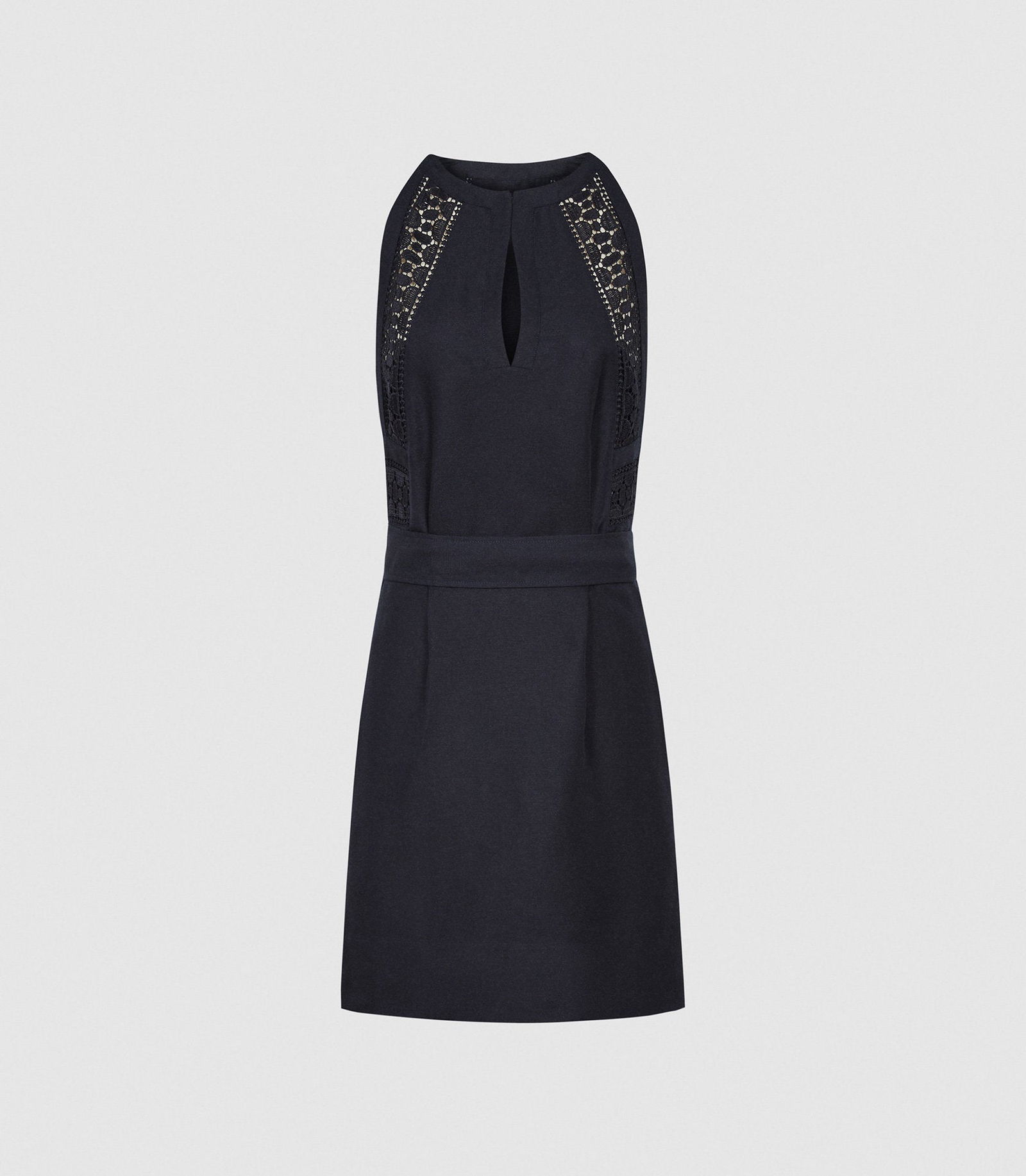 REISS Rhona Embroidered Mini Dress in Navy | endource
