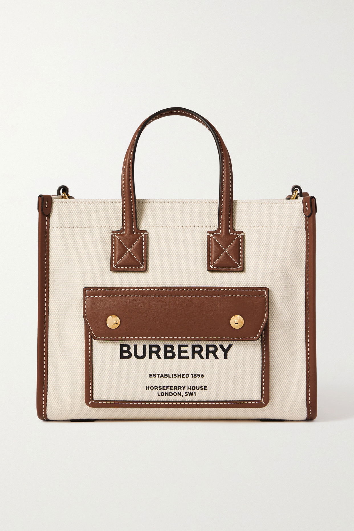 BURBERRY Freya Mini Leather-Trimmed Tote in Brown | endource