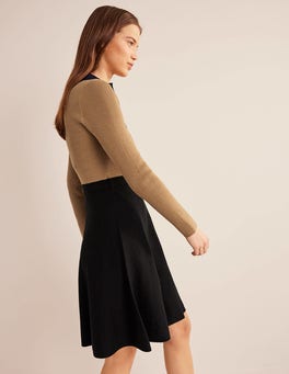 BODEN Rib Detail Knitted Mini Dress in Black, Camel Colourblock | endource