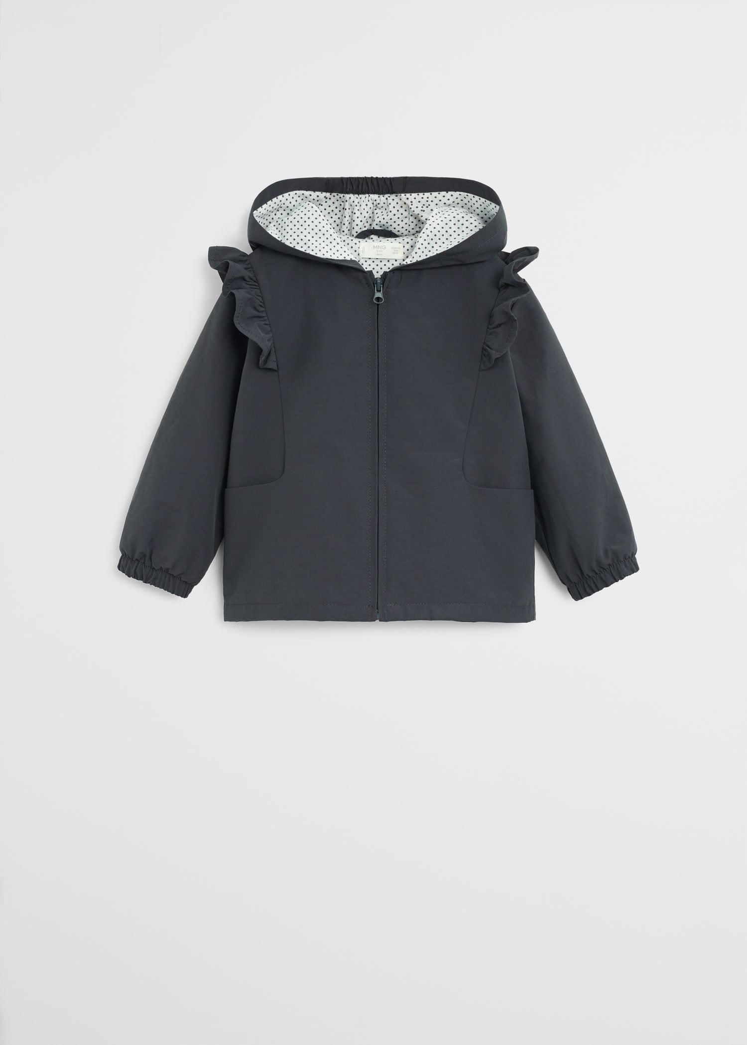 MANGO Ruffle Hooded Technic Raincoat in Charcoal | endource