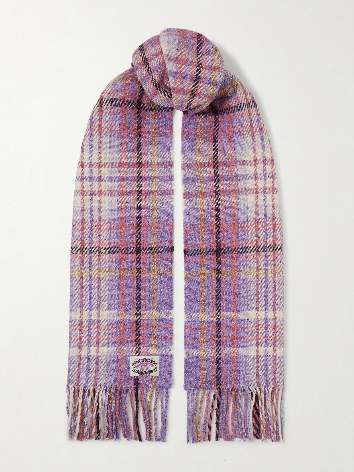 ACNE STUDIOS Fringed Checked Tweed Scarf in Purple | endource