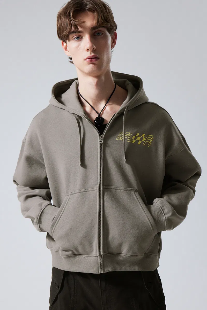 WEEKDAY Boxy Graphic Zip Hoodie in D.Floor Hypnox Grey | endource