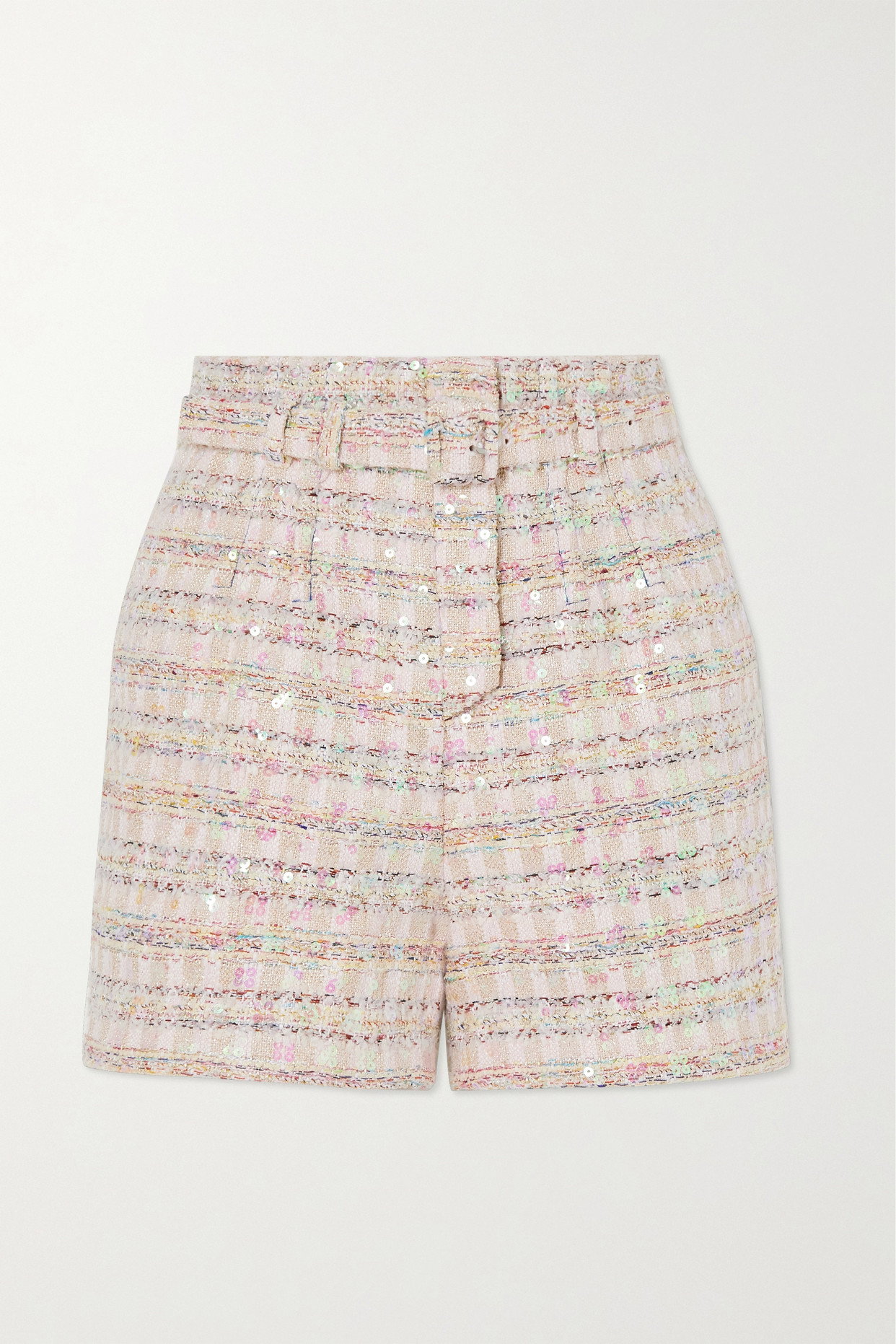 SELF-PORTRAIT Belted Sequined Bouclé Shorts in Pink | endource