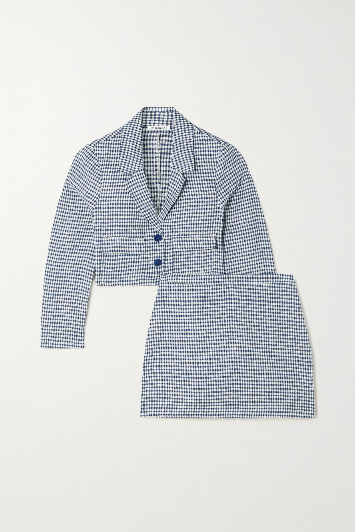 REFORMATION Elton Gingham Linen Cropped Blazer And Mini Skirt Set in ...