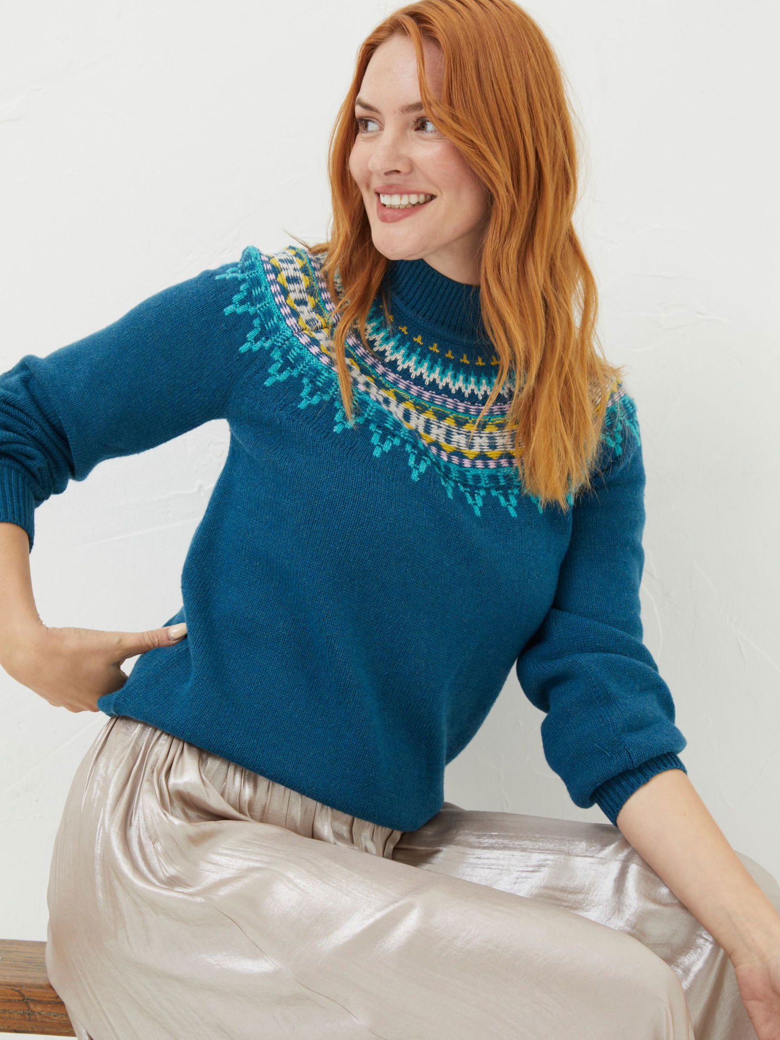 FATFACE Porth Fair Isle Wool Blend Jumper in Teal Blue | endource