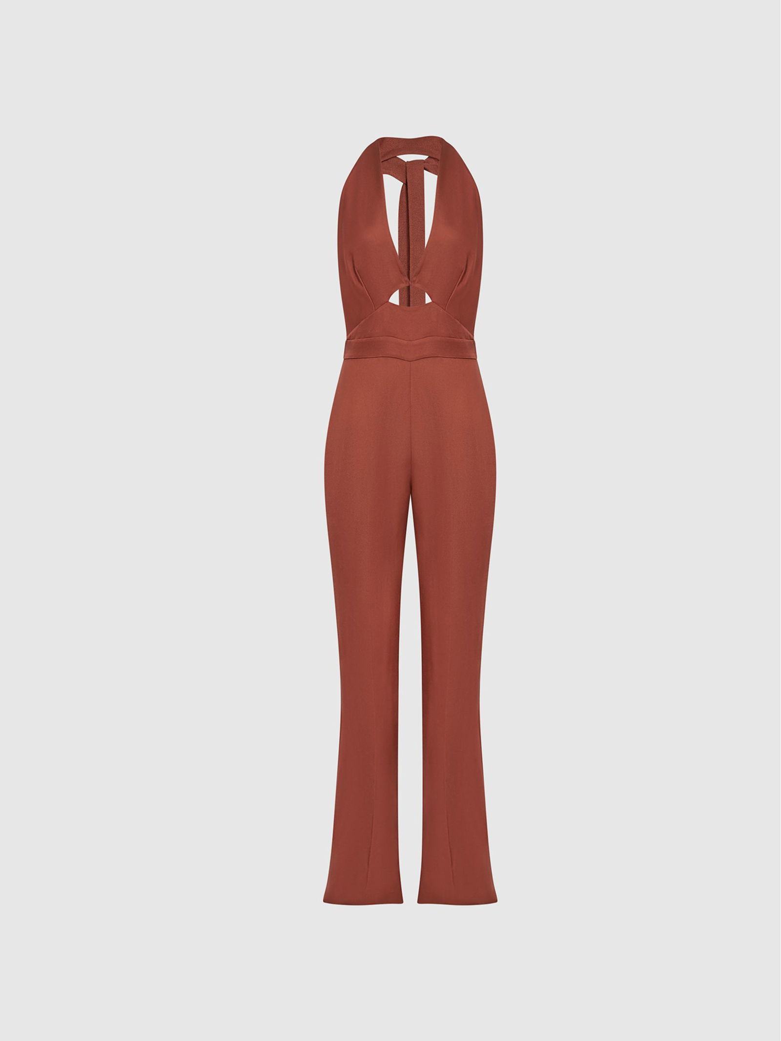 REISS Alma Cut-Out Halter Jumpsuit in Rust | endource