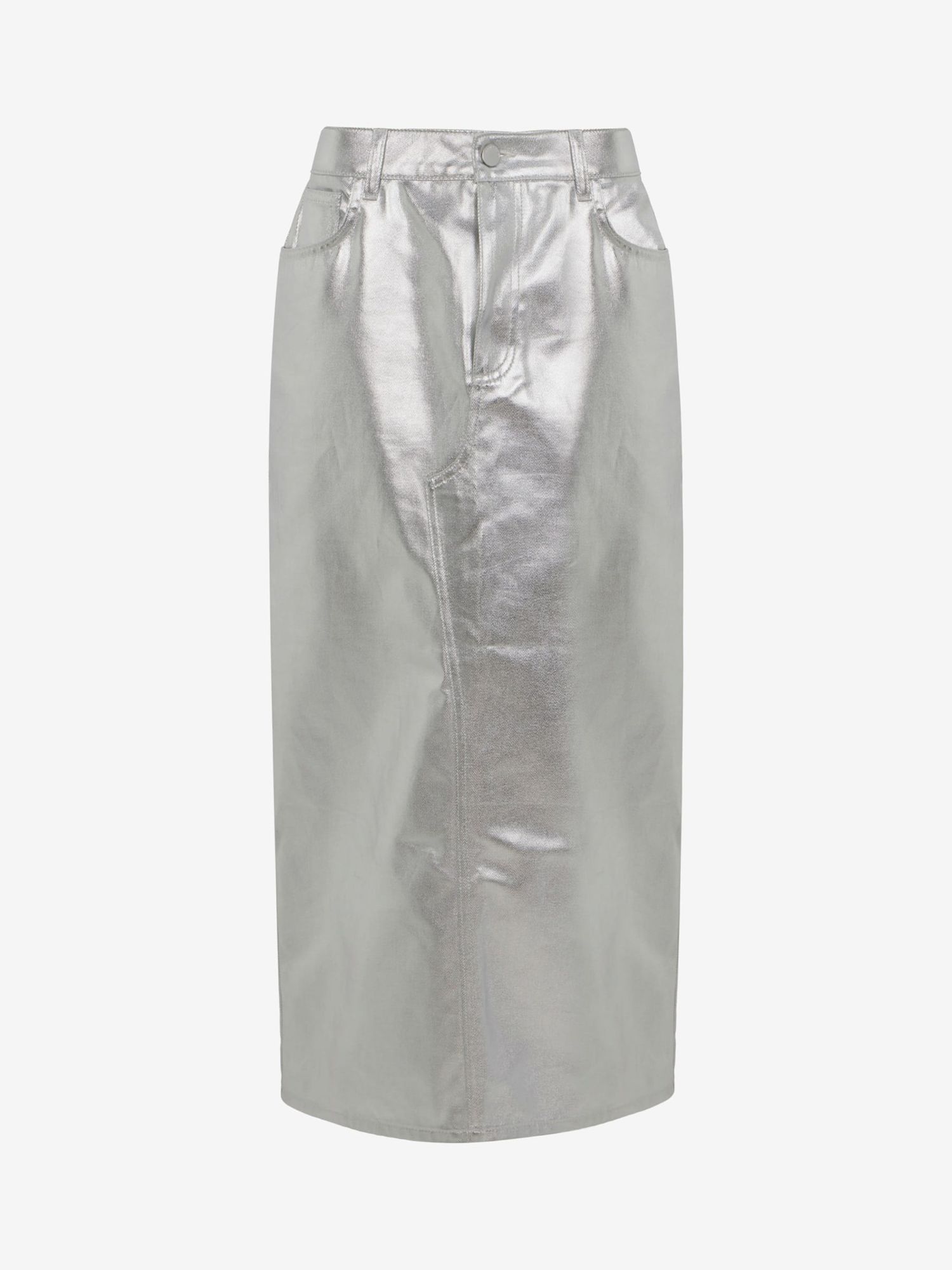 Mint Velvet Metallic Denim Midi Skirt in Silver | Endource
