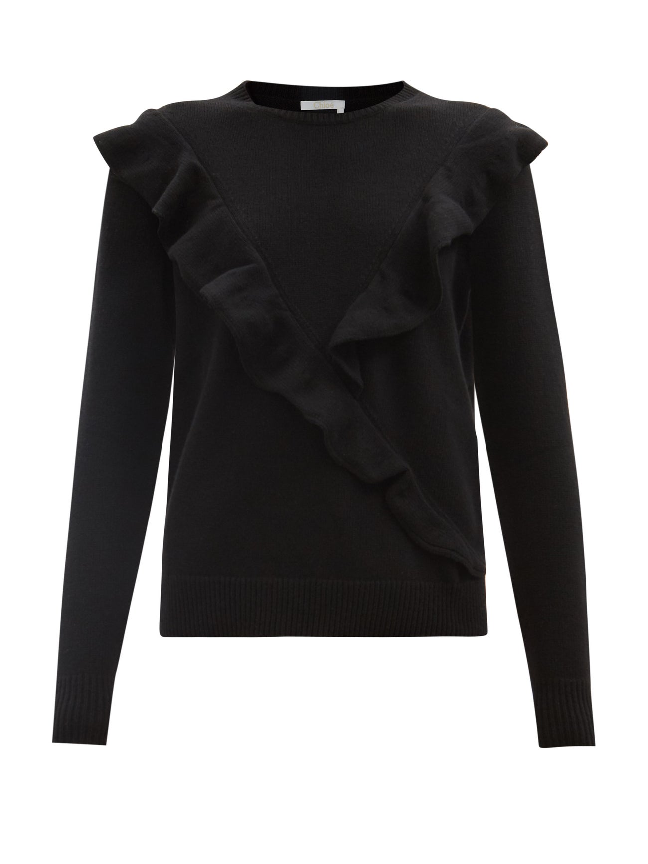 CHLOÉ Ruffled-Yoke Cashmere Sweater in Black | endource