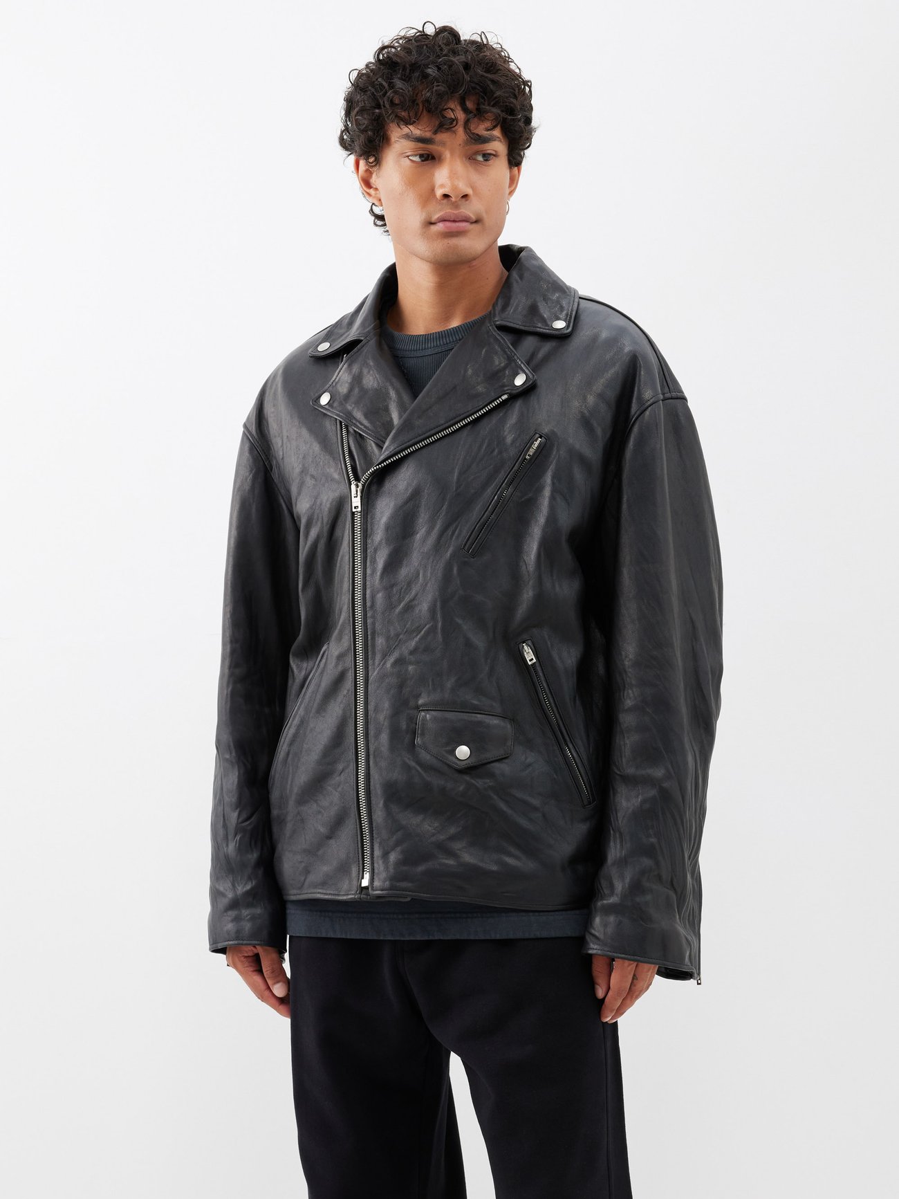 ACNE STUDIOS Liker Distressed-Leather Biker Jacket in Black | endource