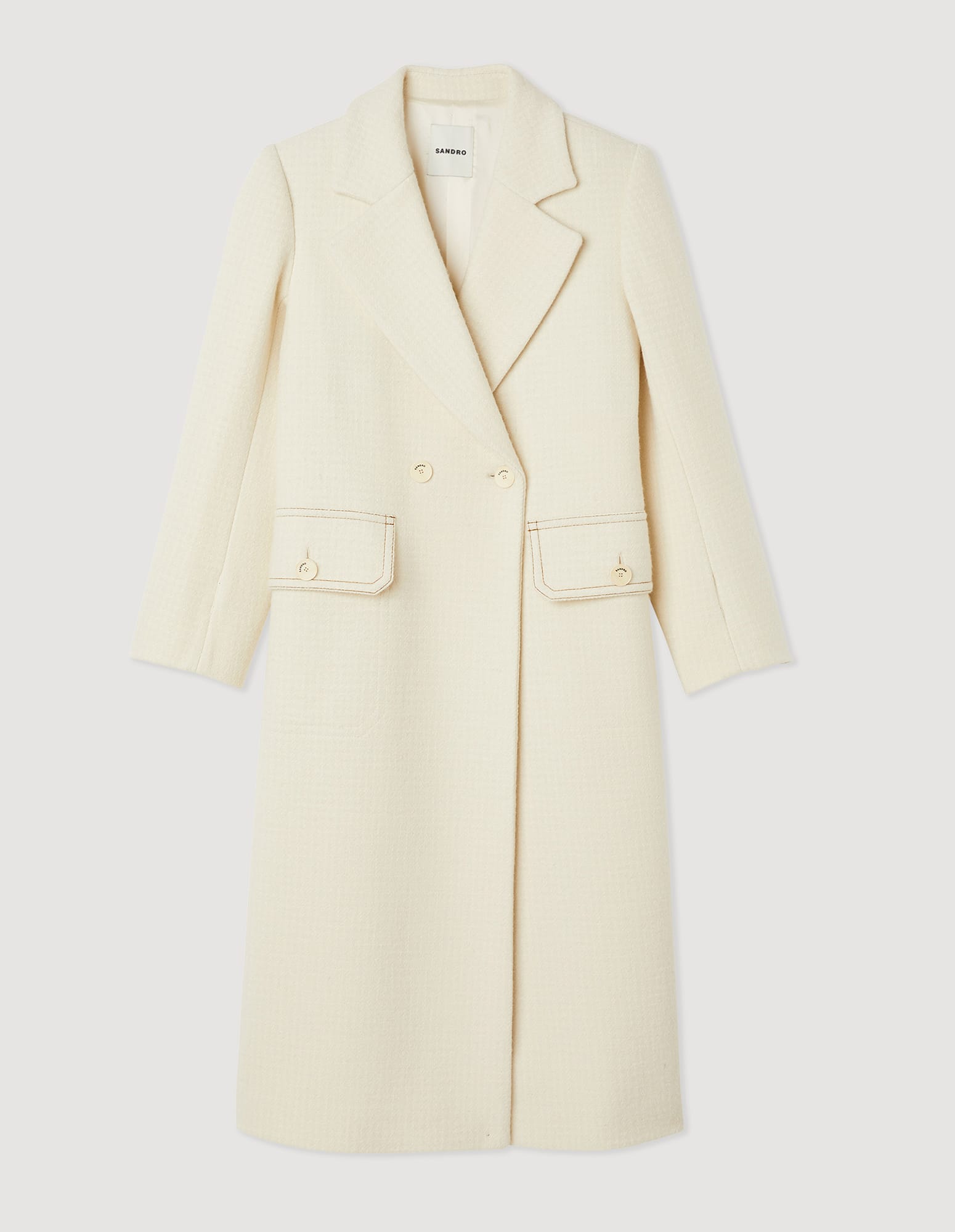 SANDRO Long Coat With Wide Collar in Ecru | endource