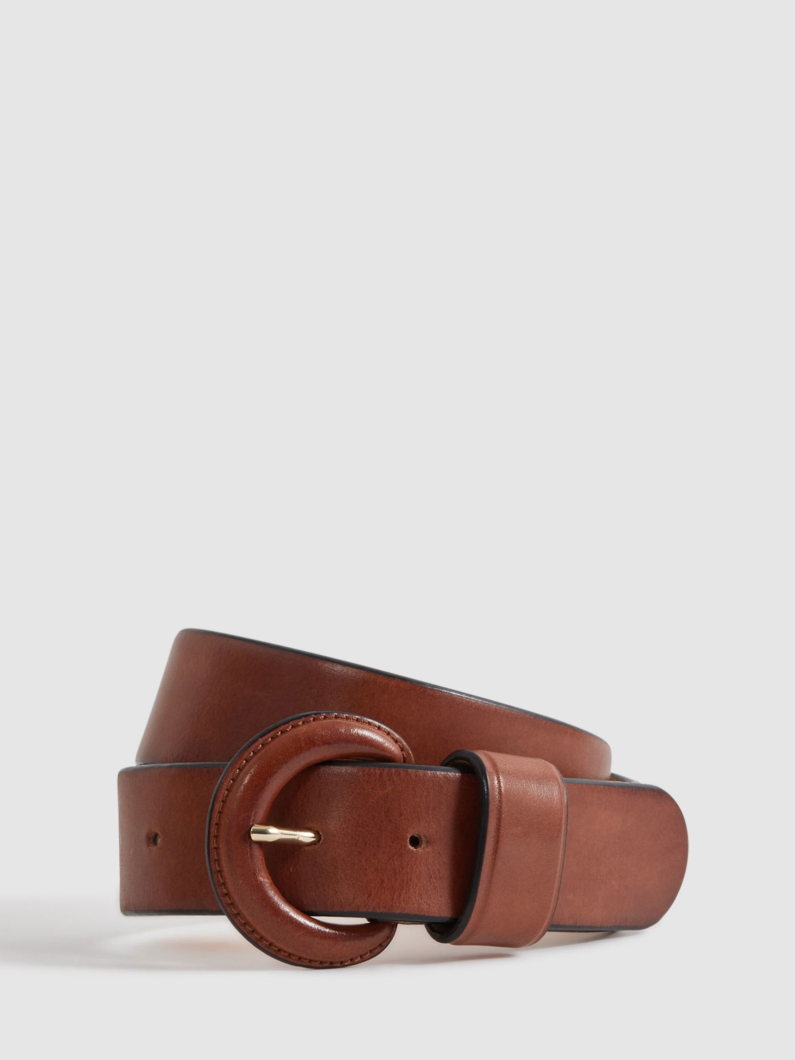 REISS Nina Leather Round Buckle Belt in Tan | endource