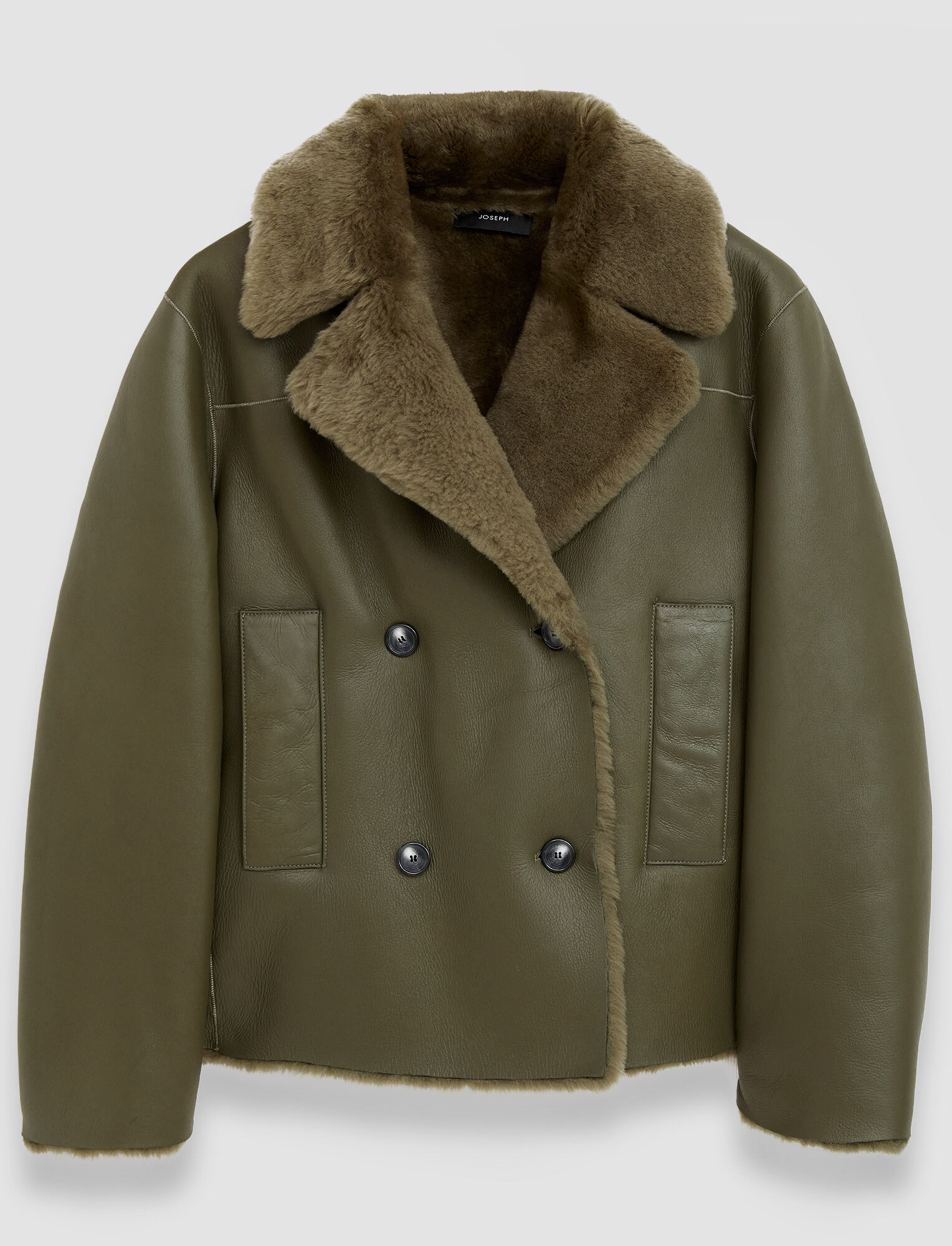 JOSEPH Shearling Calla Coat in Dark Olive | endource