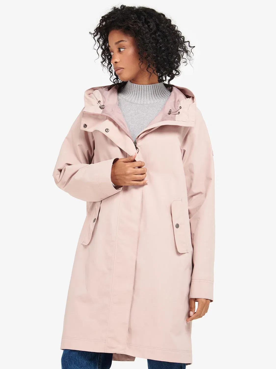 BARBOUR Nerissa Plain Waterproof Longline Coat in Rose Quartz | endource