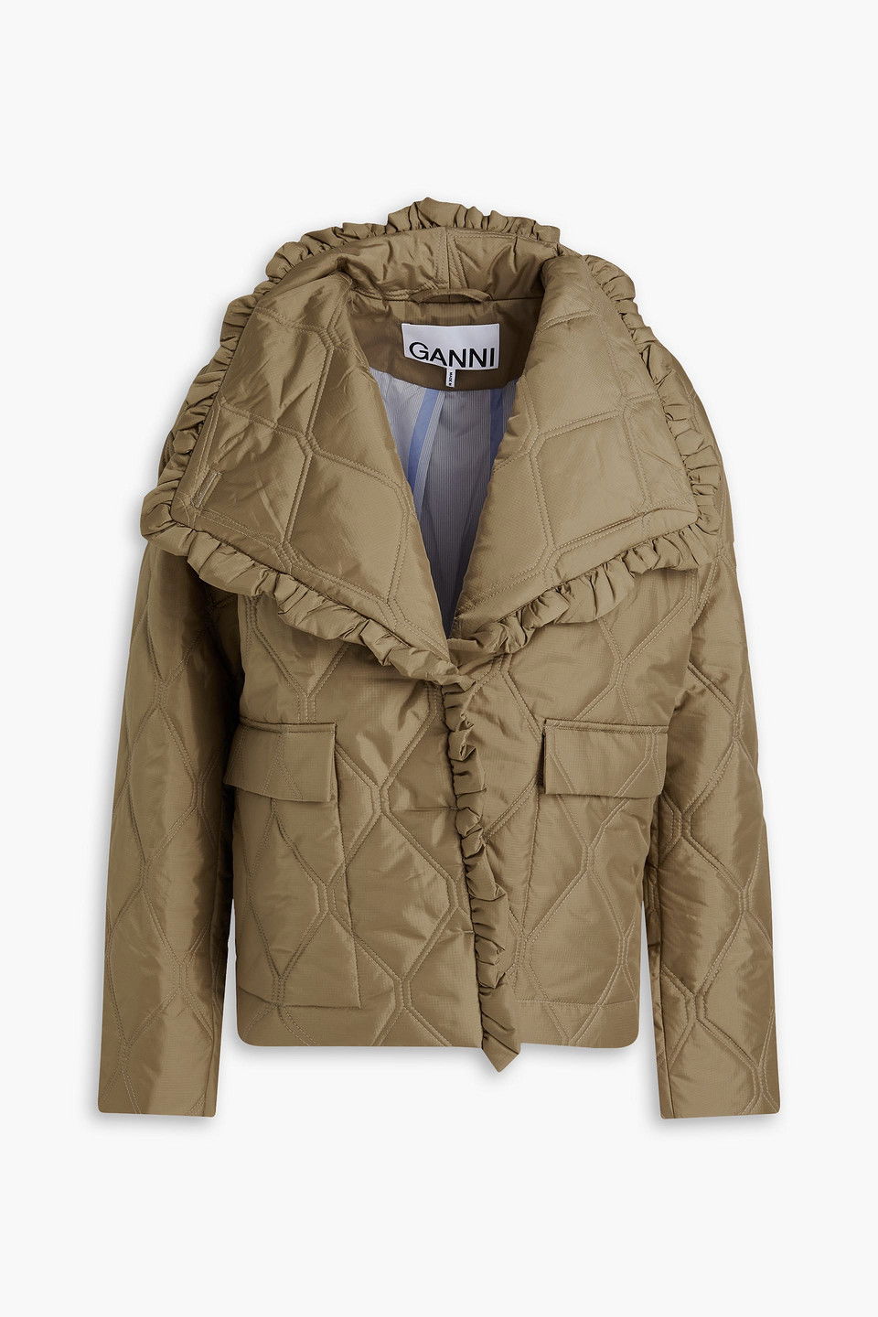 GANNI Quilted Ruffled Ripstop Jacket in Green | endource