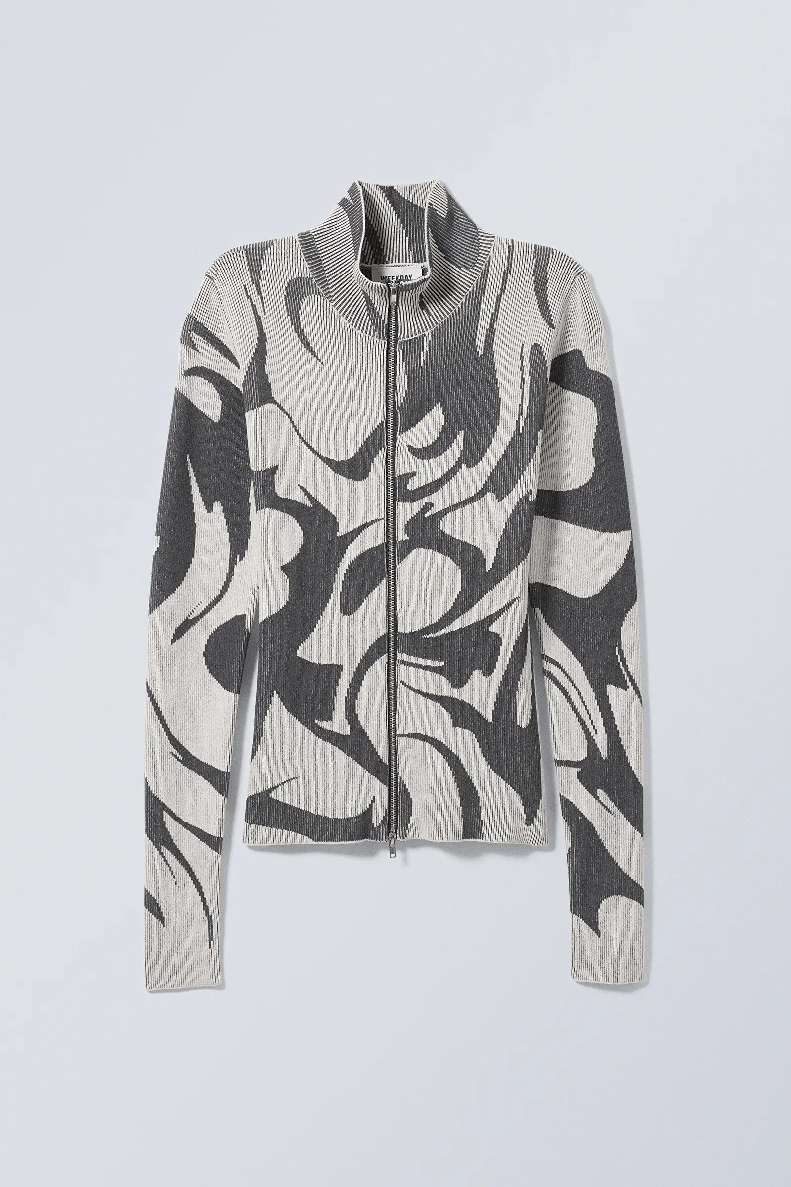 WEEKDAY Sarah Zip Jacquard Cardigan in Swirly Grey Jacquard | Endource