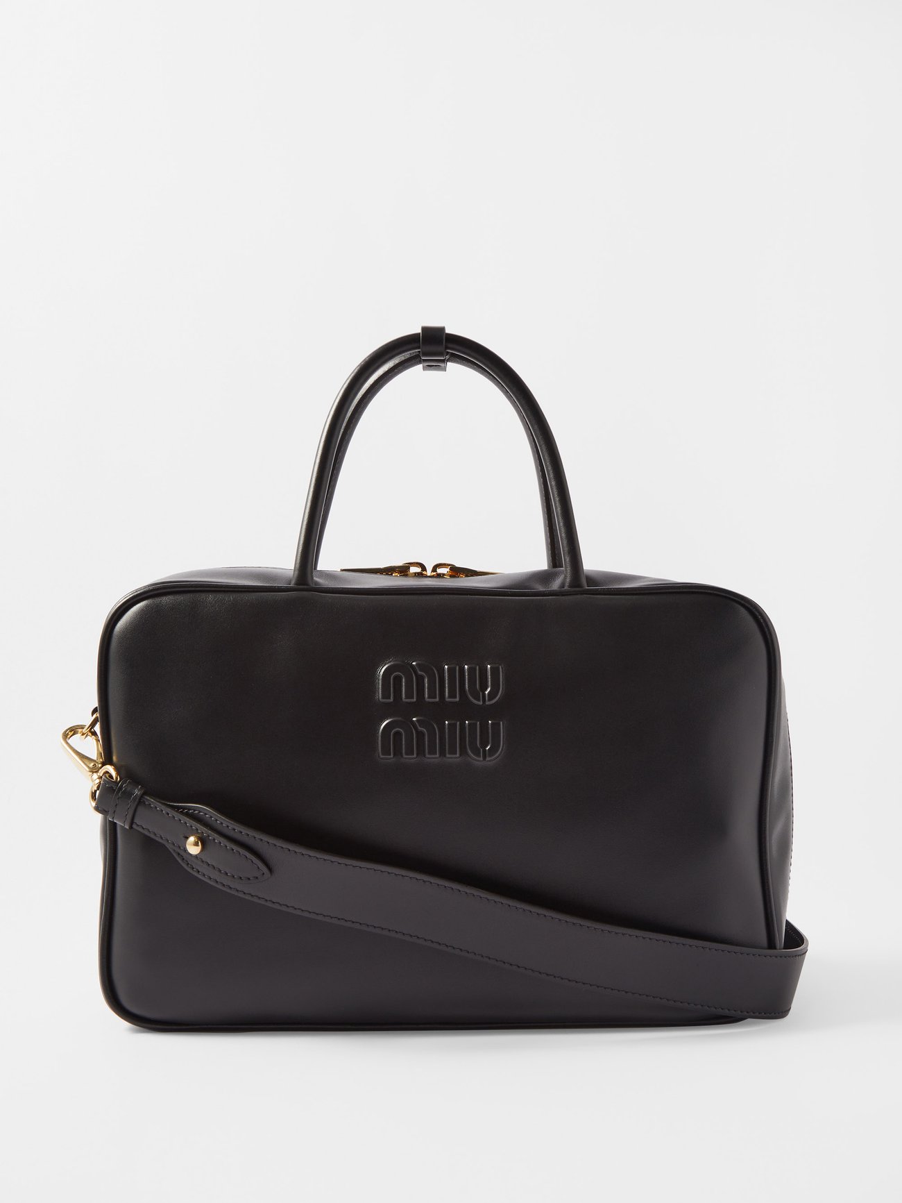 MIU MIU Logo-Embossed Leather Shoulder Bag in Black | endource