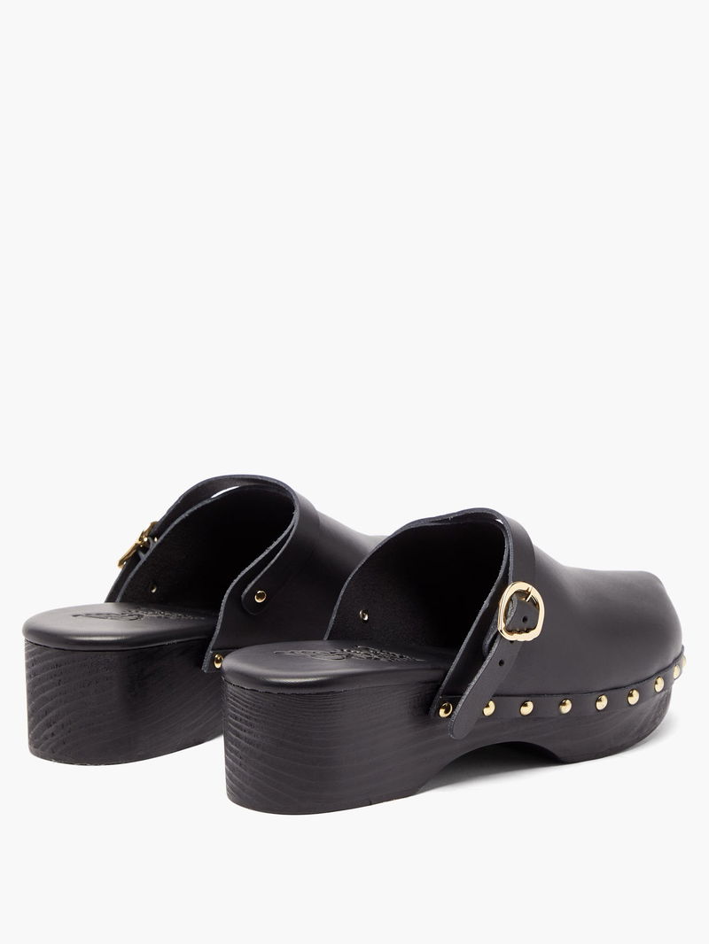 ANCIENT GREEK SANDALS Wing-Buckle Leather Clog Mules in Black | endource