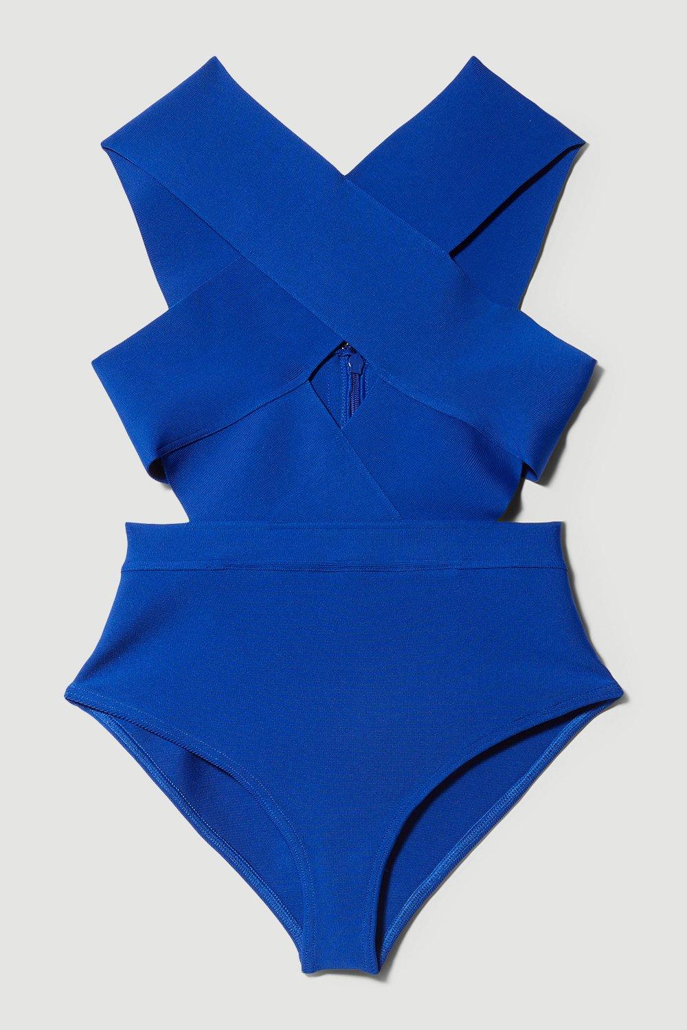 KAREN MILLEN Bandage Textured Cross Front Swimsuit in Cobalt | endource