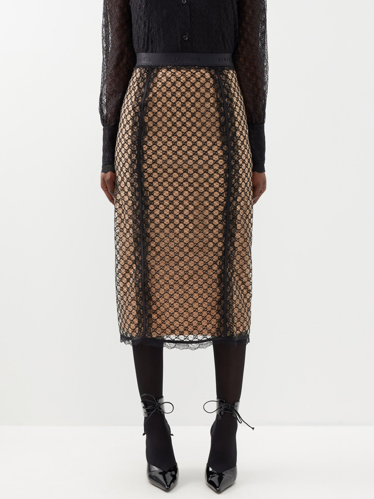 GUCCI GG Supreme-Lace Overlay Midi Skirt | endource