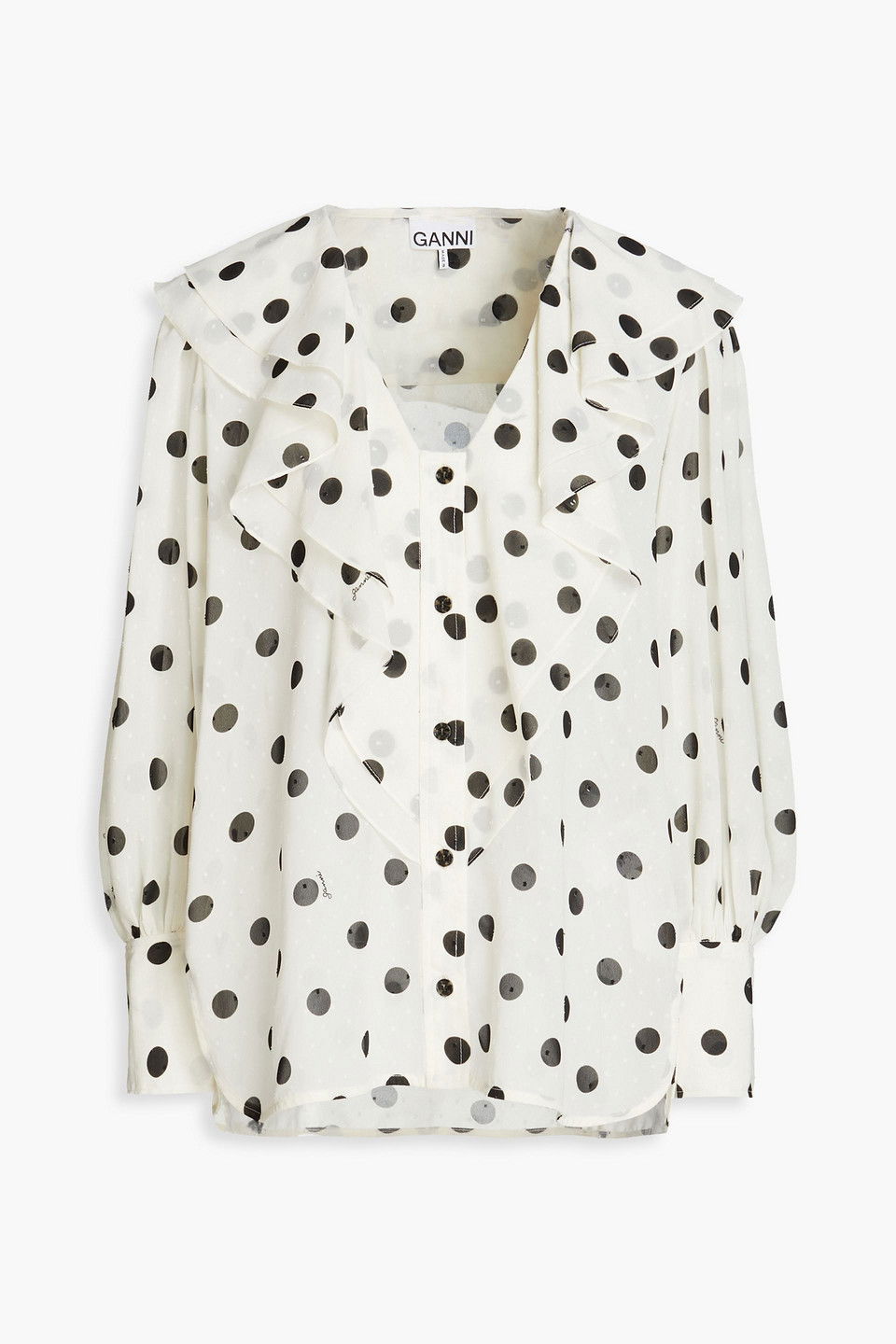 GANNI Ruffled Polka-Dot Fil Coupé Georgette Blouse in White | endource