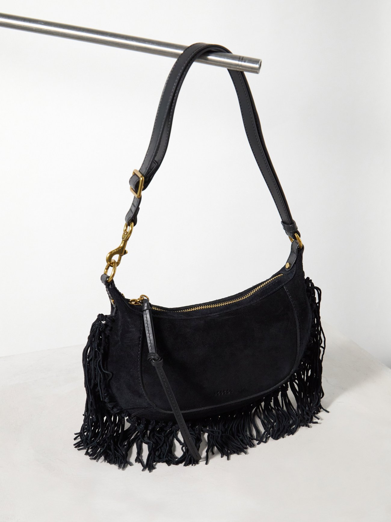 ISABEL MARANT Oskan Small Fringed Suede Shoulder Bag in Black | Endource