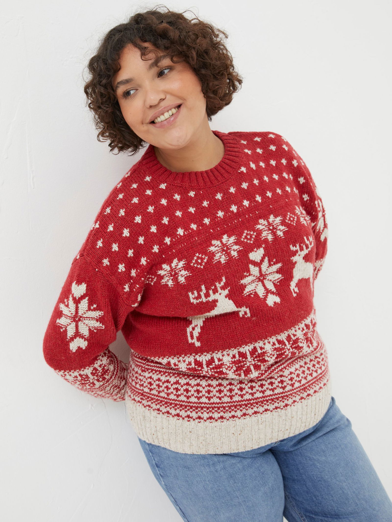 FATFACE Family Reindeer Christmas Jumper in Cherry Red | endource
