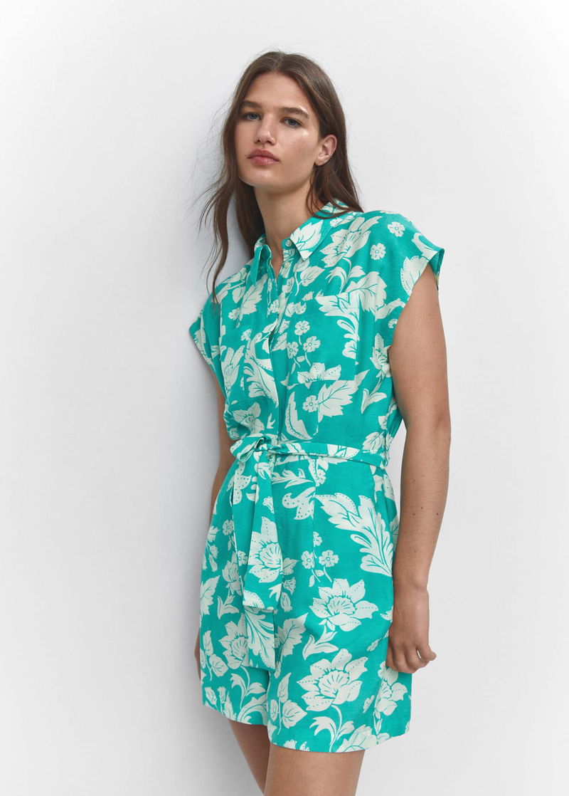 MANGO Floral-Print Jumpsuit With Tie in Turquoise | endource