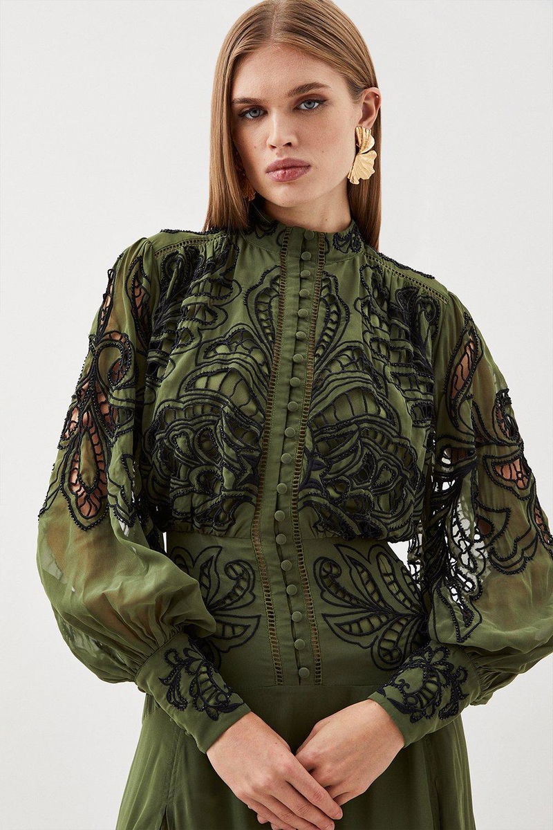 KAREN MILLEN Tall Cotton Cutwork Embroidered Woven Maxi Dress in Khaki ...