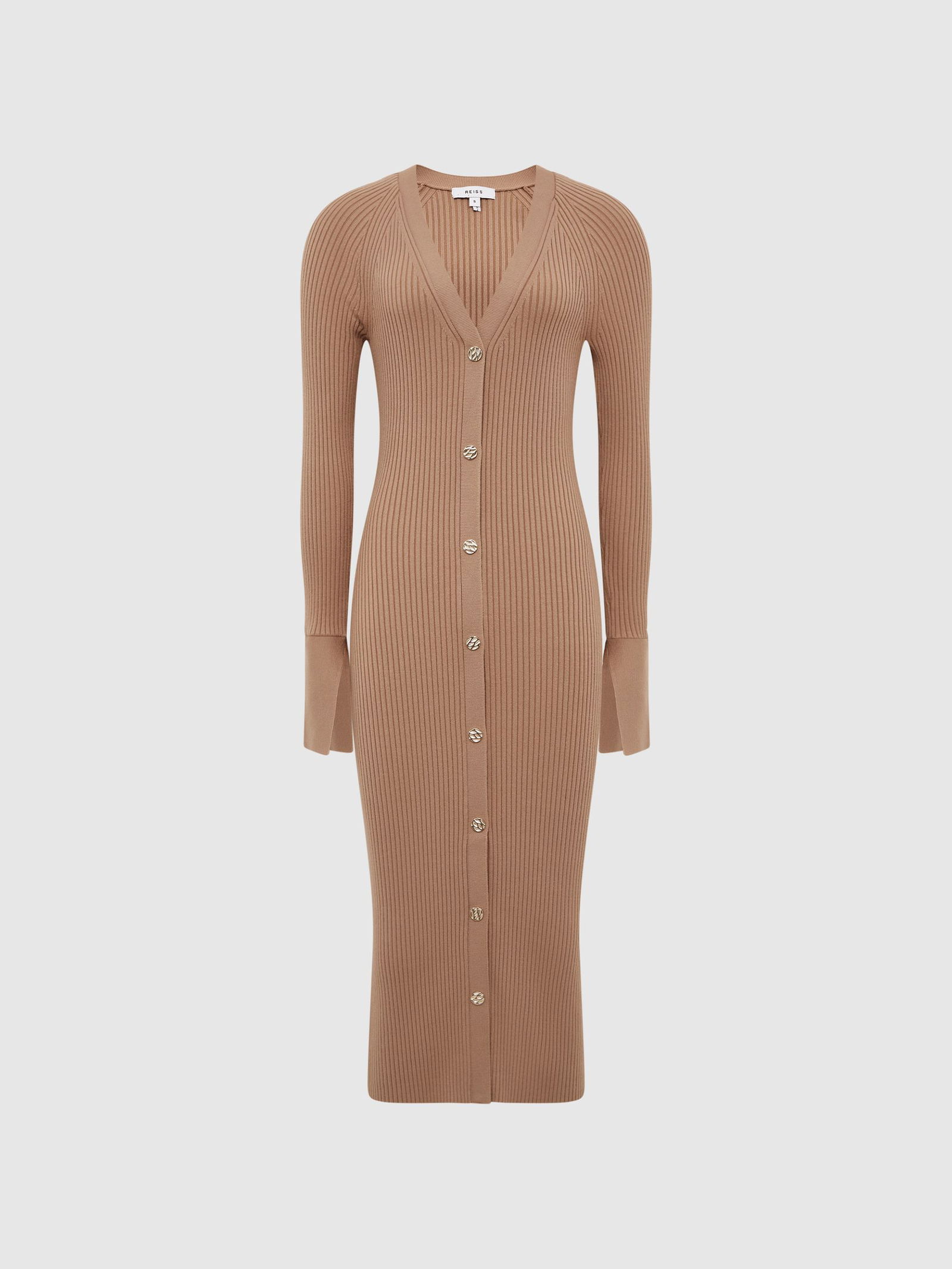 REISS Avery Rib-Knitted Midi Dress in Camel | Endource