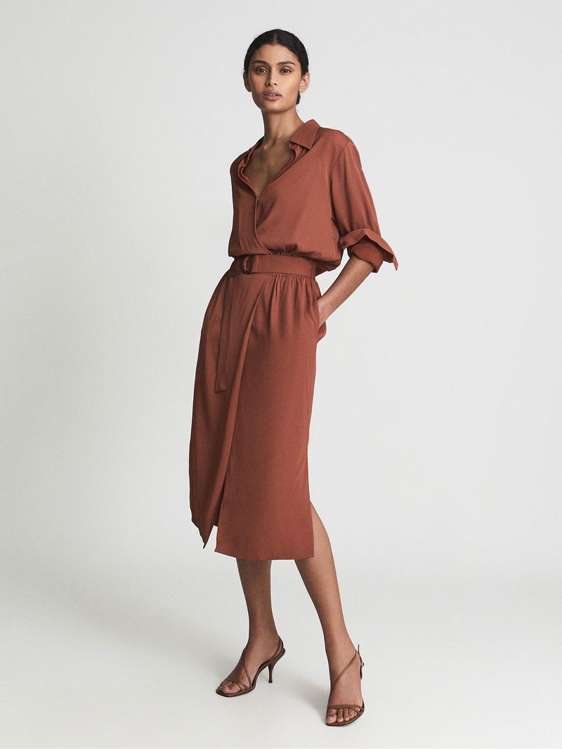 Reiss Emilie Belted Midi Dress In Rust Endource