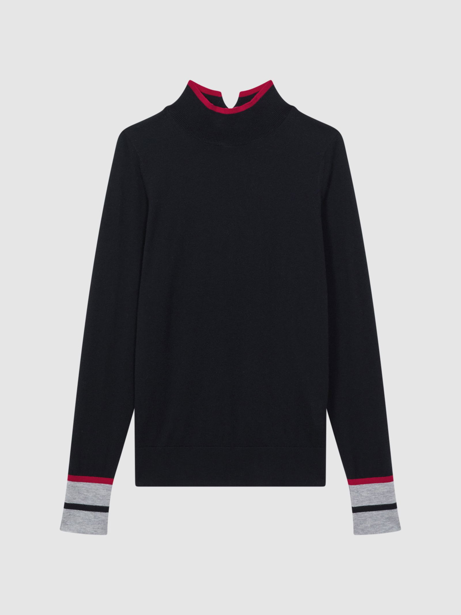 REISS Kristen Fitted Merino Wool Funnel Neck Top in Pink/Navy | endource