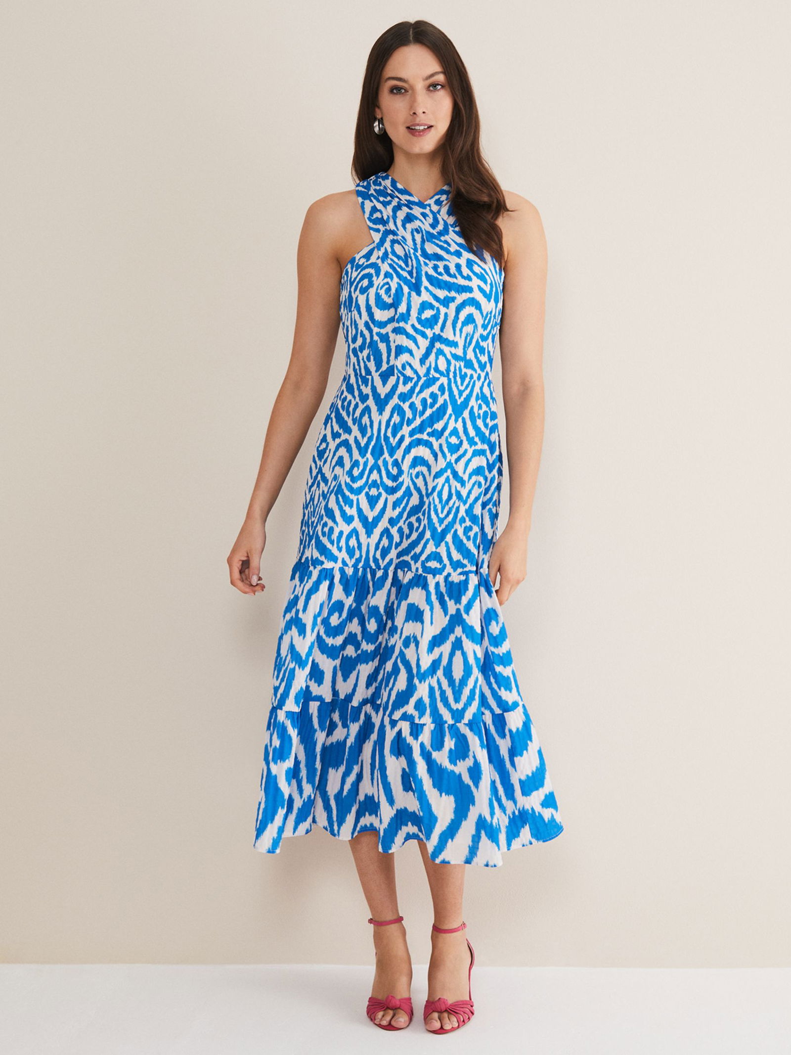 PHASE EIGHT Bella Midi Dress in Azure Blue/Cream | endource