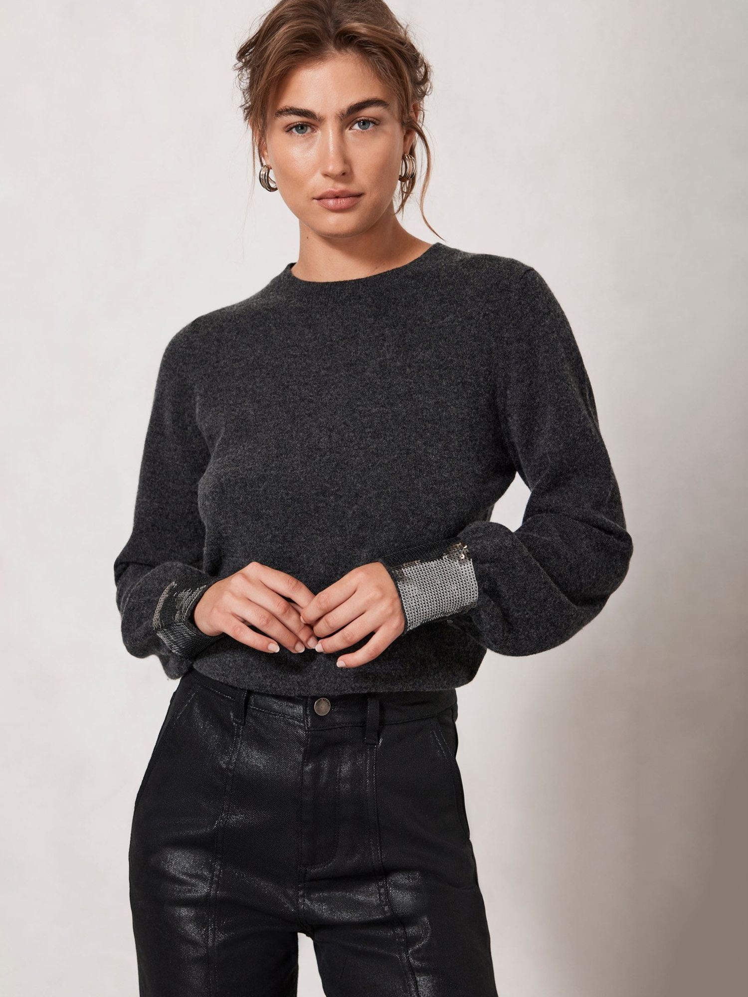 MINT VELVET Sequin Cuffs Wool Cashmere Blend Jumper in Dark Grey | endource