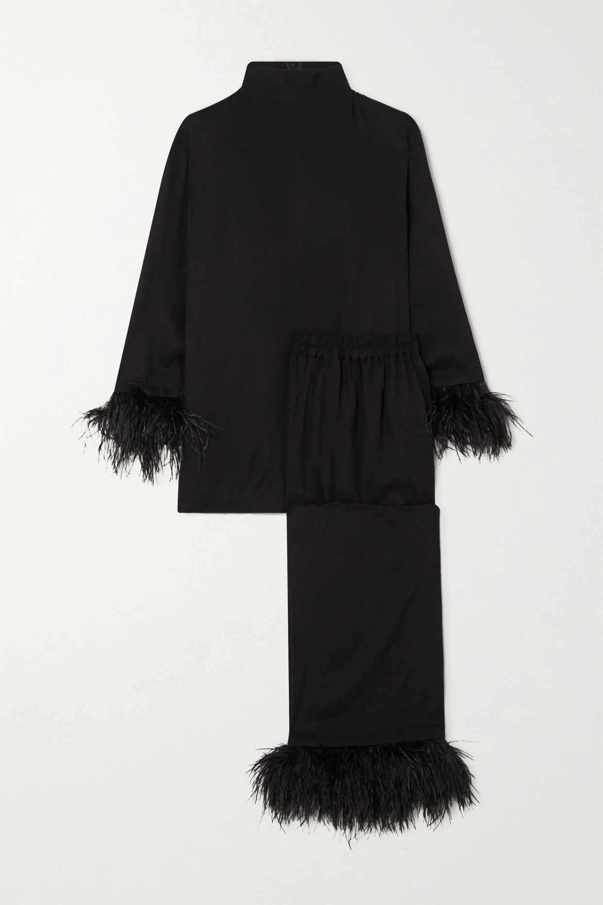 SLEEPER Feather-Trimmed Twill Pajama Set in Black | endource