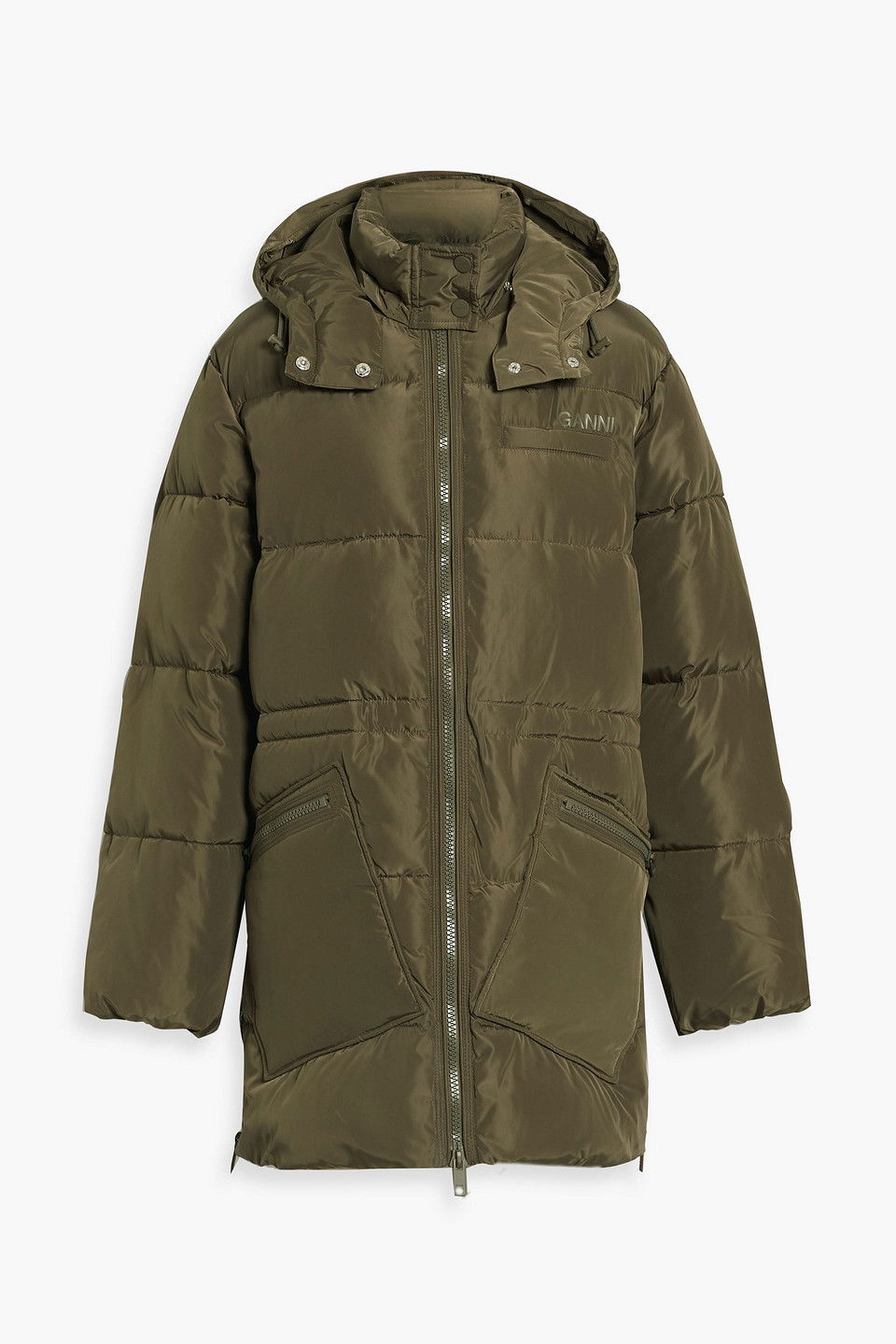 GANNI Quilted Shell Hooded Coat in Green | endource