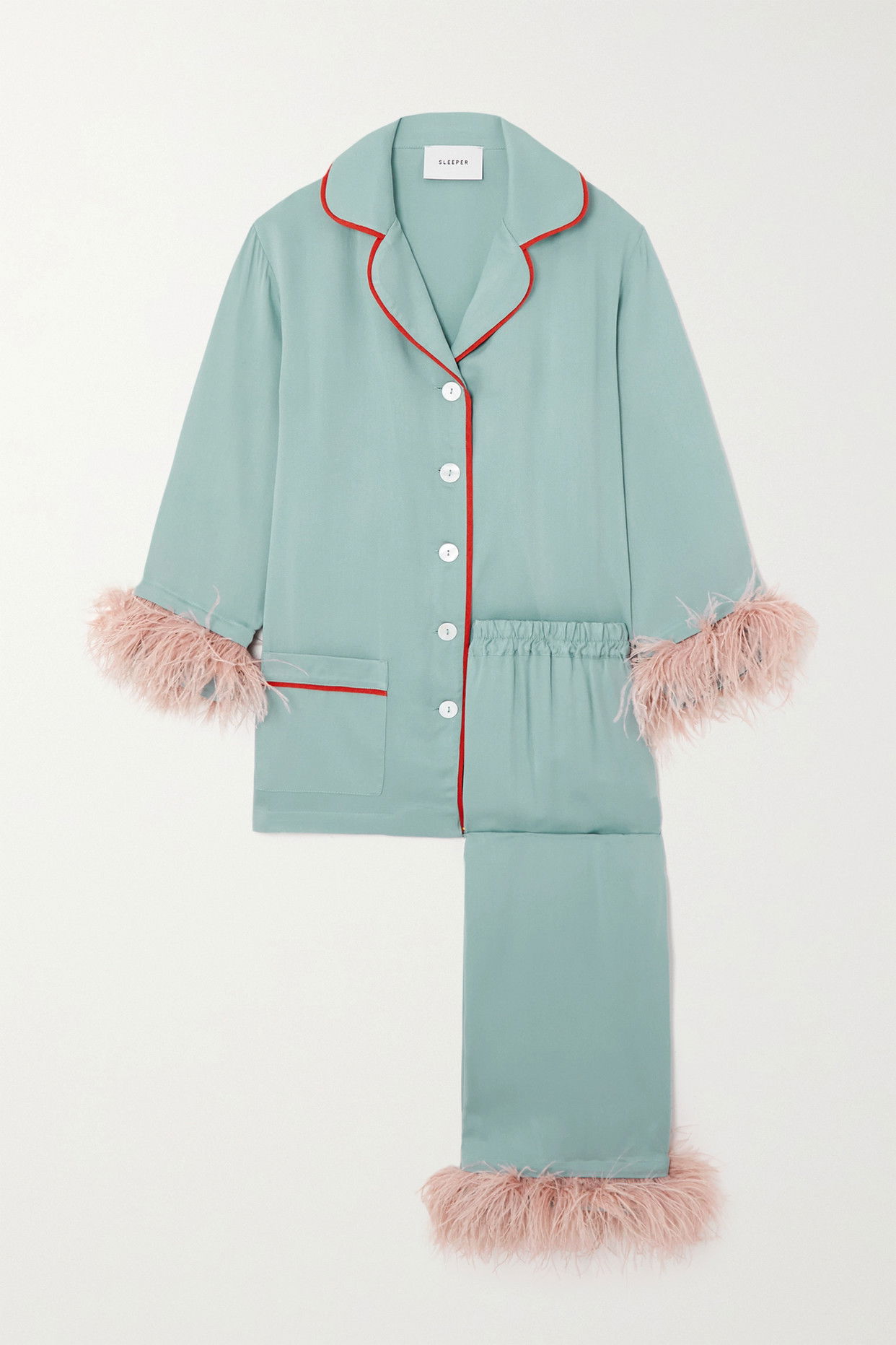 SLEEPER Party Feather-Trimmed Twill Pajama Set in Blue | Endource