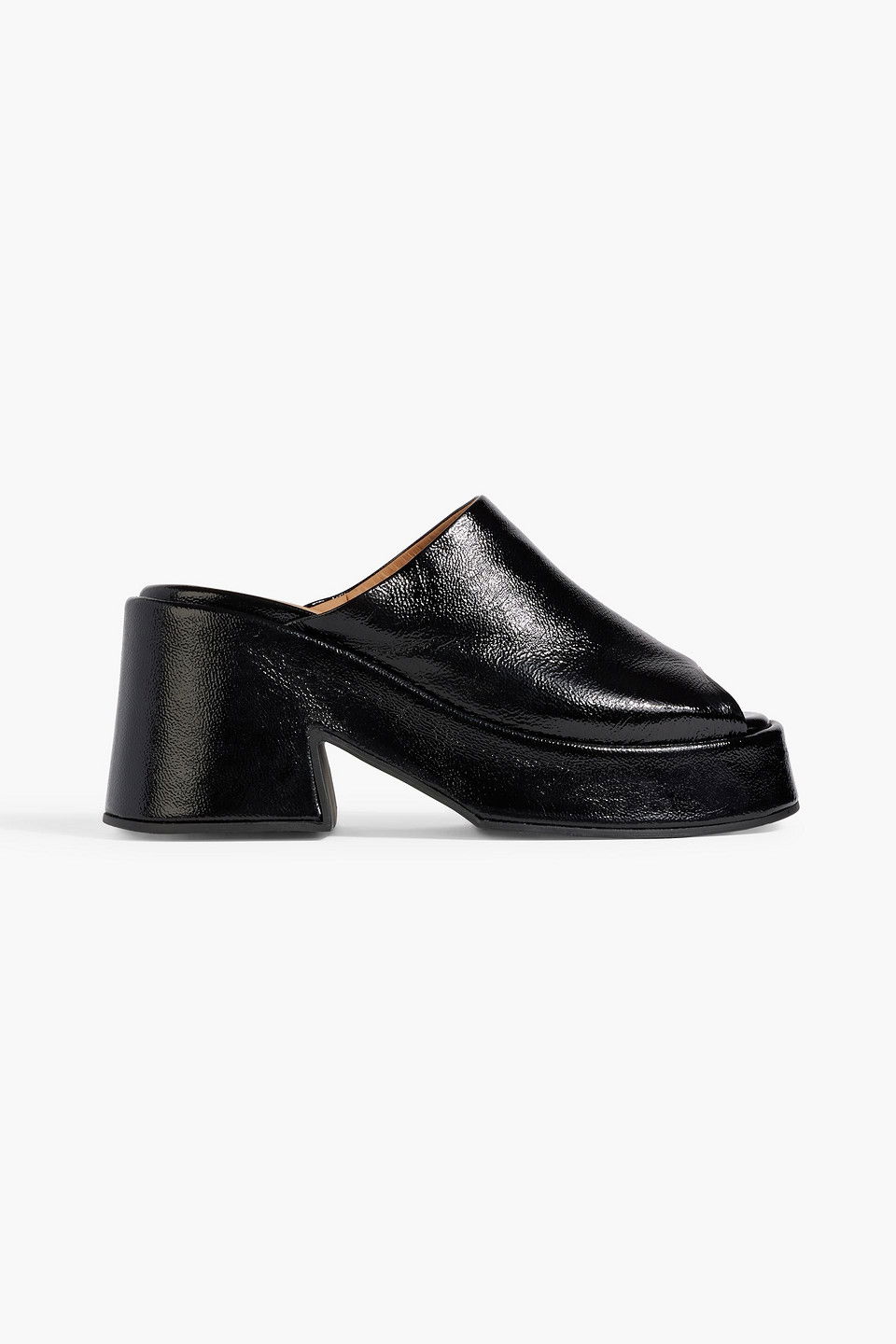 GANNI Retro Crinkled Patent-Leather Platform Mules in Black | endource