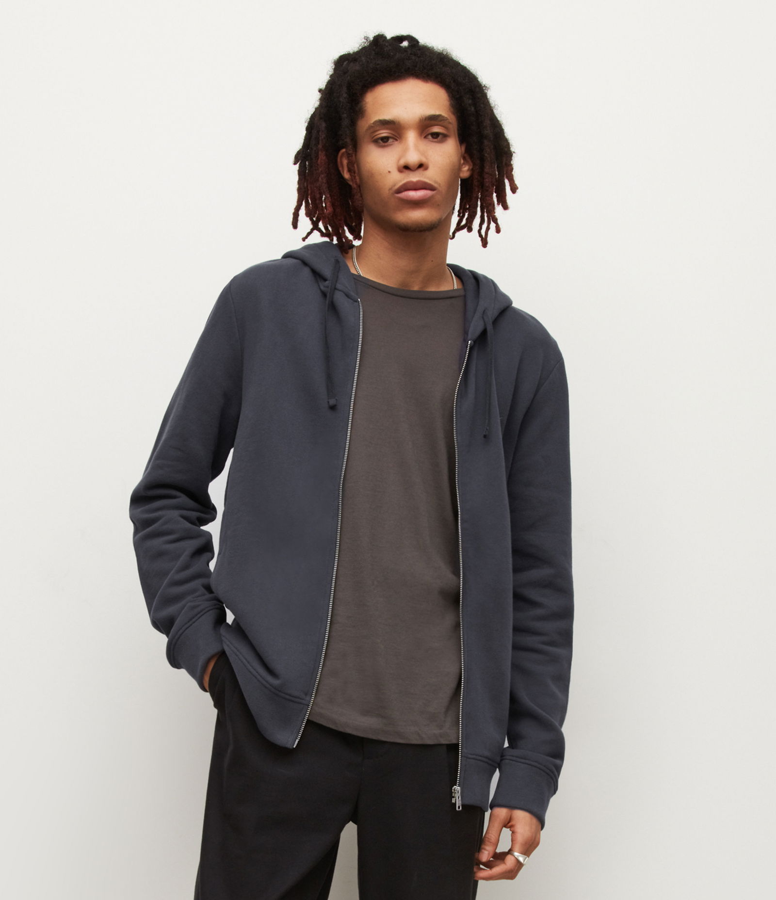 Allsaints Raven Zip Hoodie In Deep Indigo Blue Endource