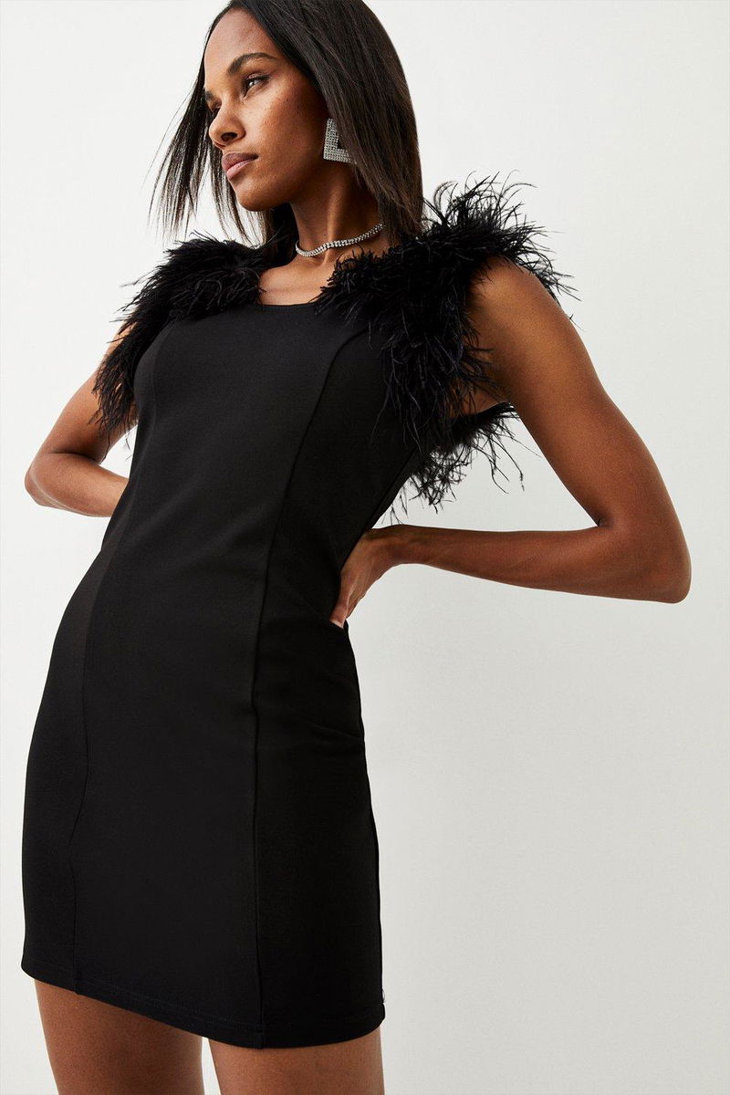 KAREN MILLEN Feather Strap Ponte Mini Dress in Black | Endource