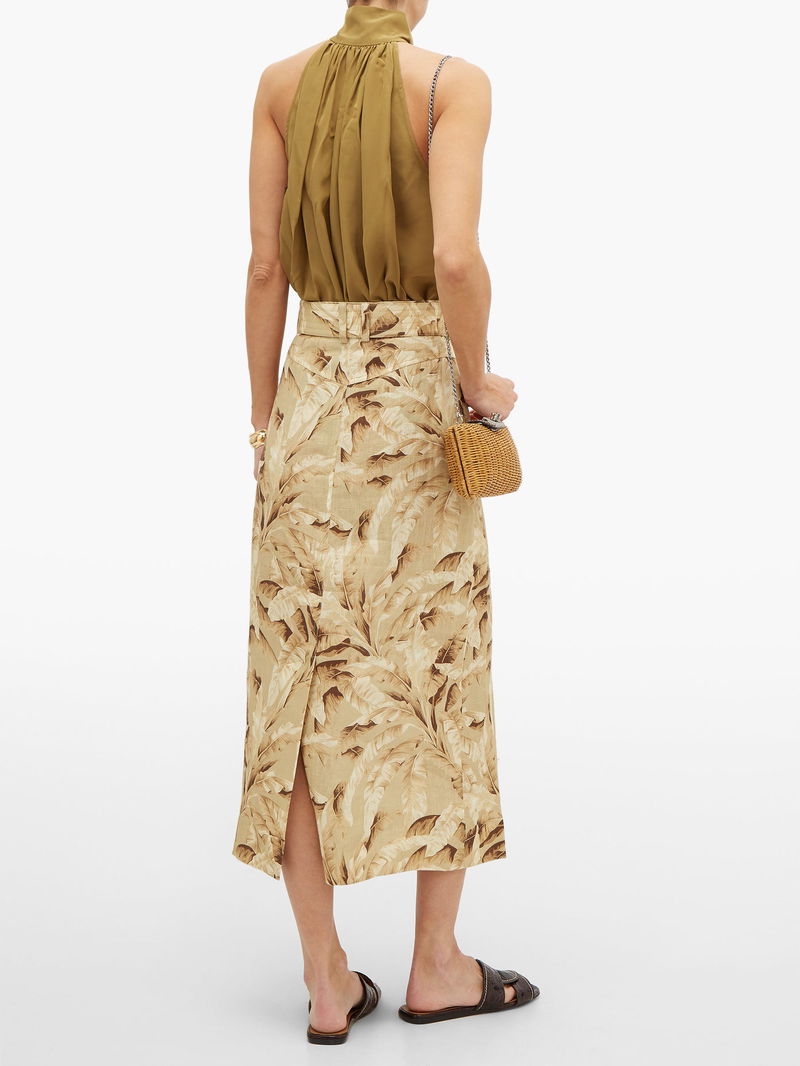 Zimmermann Super Eight Leaf Print Linen Midi Skirt In Tan Endource