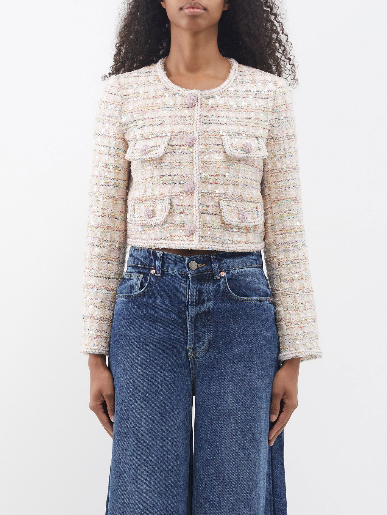 SELF-PORTRAIT Sequinned Tweed-Bouclé Jacket in Pink | endource