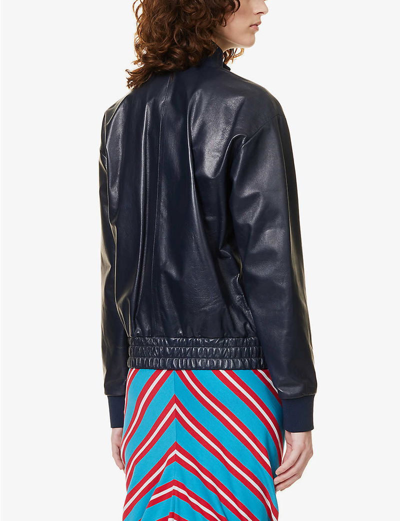 LOEWE Logo-Print High-Neck Leather Jacket in NAVYYELLOW | Endource