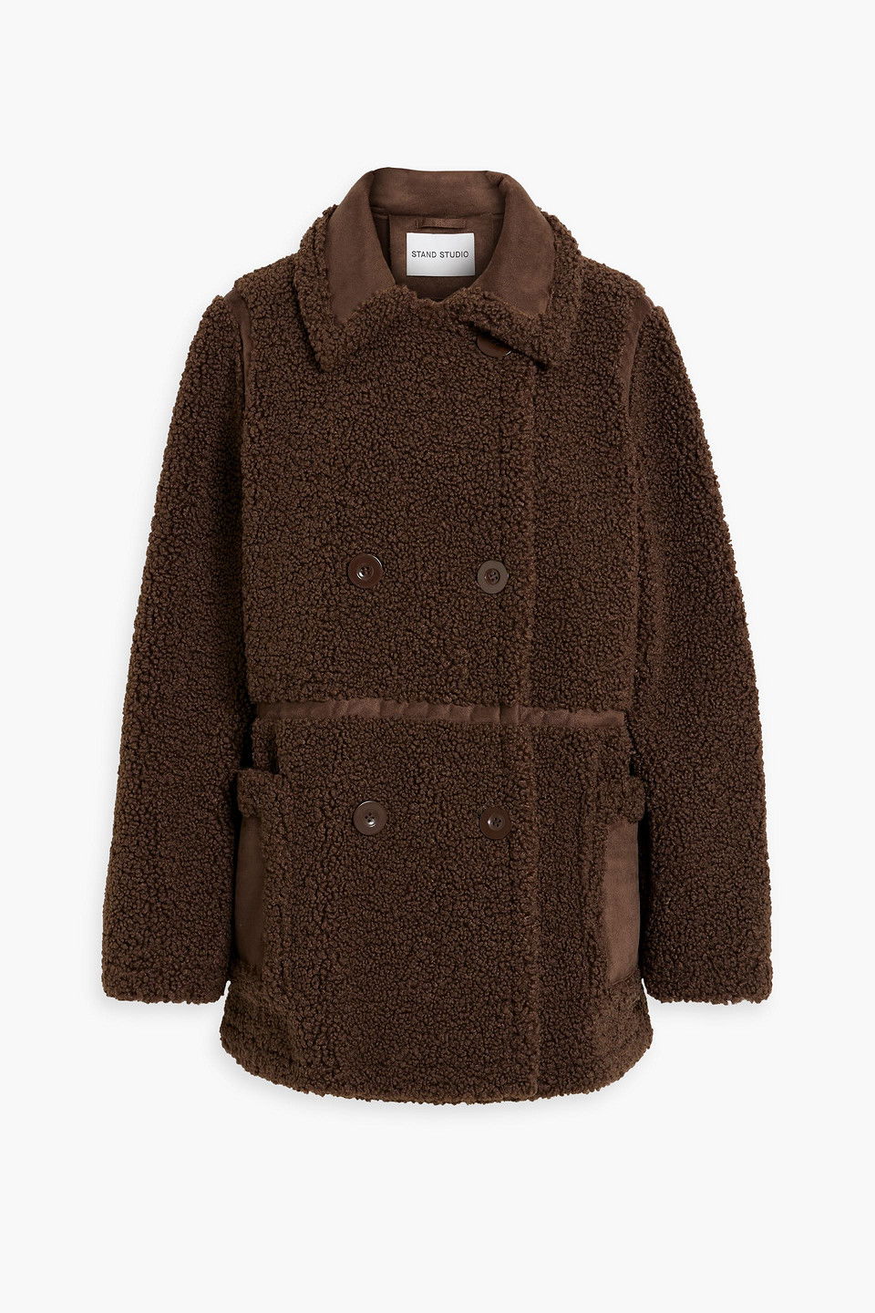 STAND STUDIO Chloe Double-Breasted Faux Shearling Jacket in Brown | endource