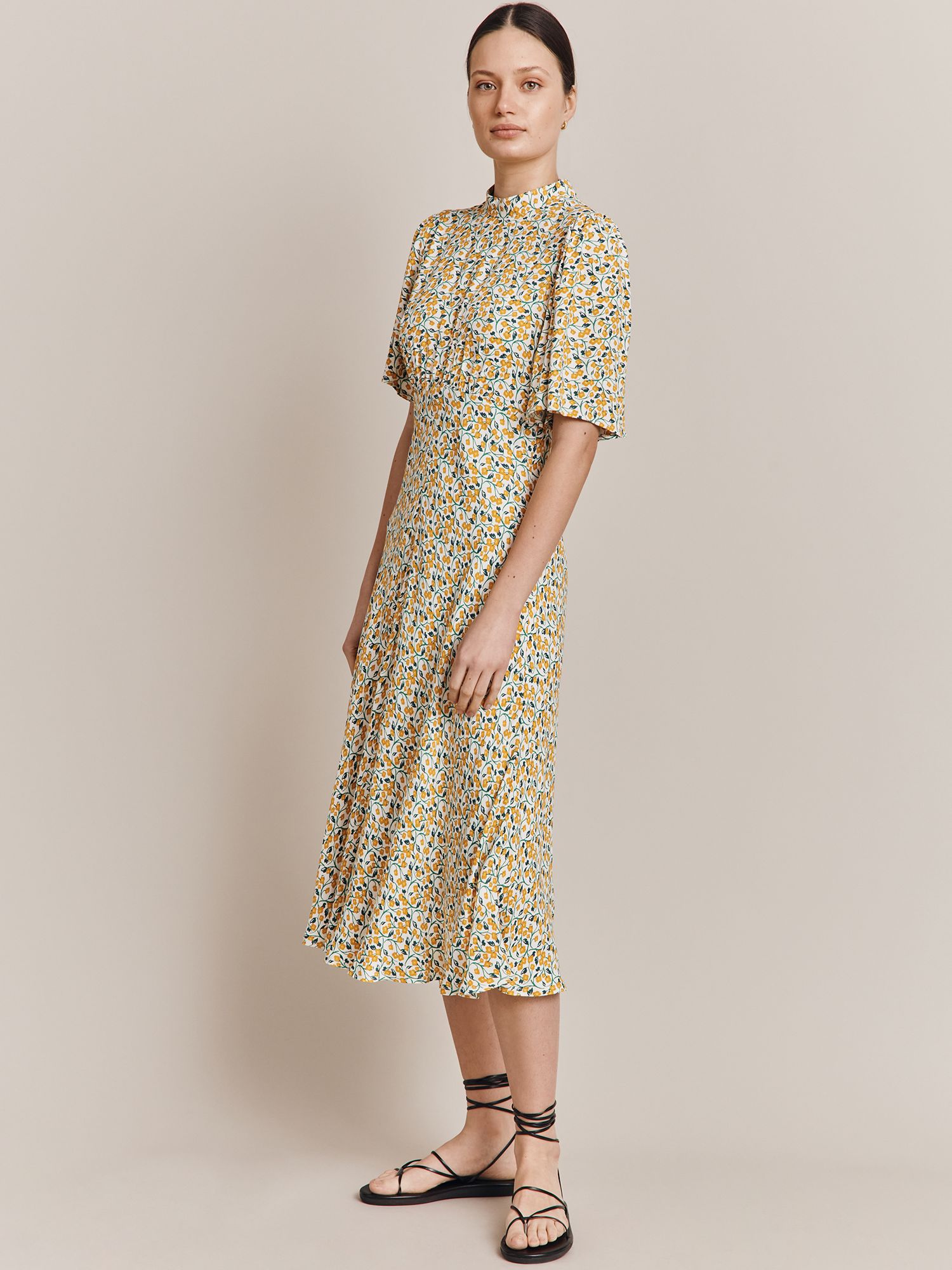 GHOST Penny Floral Midi Dress in Yellow Buttercup | Endource