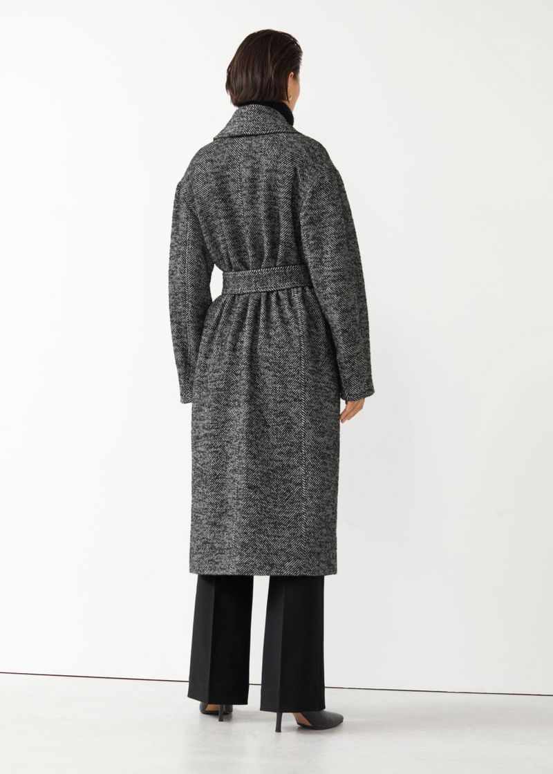 & OTHER STORIES Voluminous Belted Wool Coat in Black Herringbone | endource