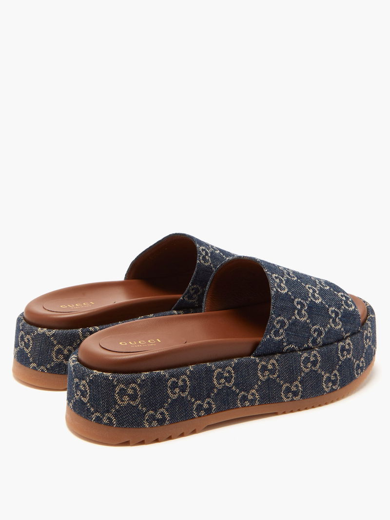 GUCCI Angelina GG-Jacquard Denim Flatform Slides in Blue | endource