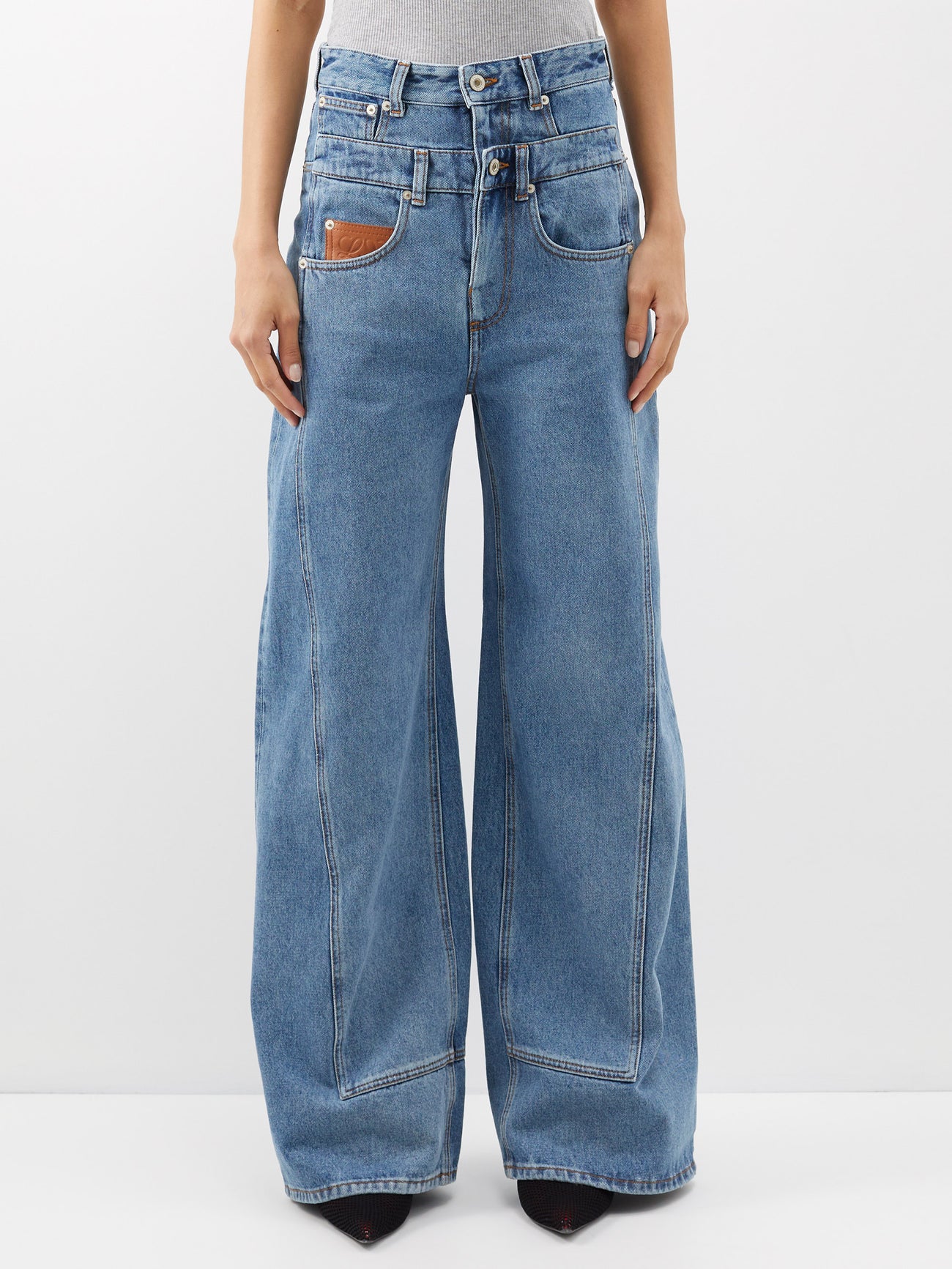 LOEWE Trompe L'Oeil Double-Waist Wide-Leg Jeans in Blue | endource