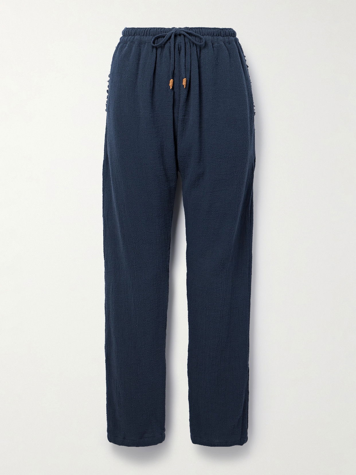 CARAVANA Wakun Leather-Trimmed Distressed Cotton-Gauze Pants in Blue ...